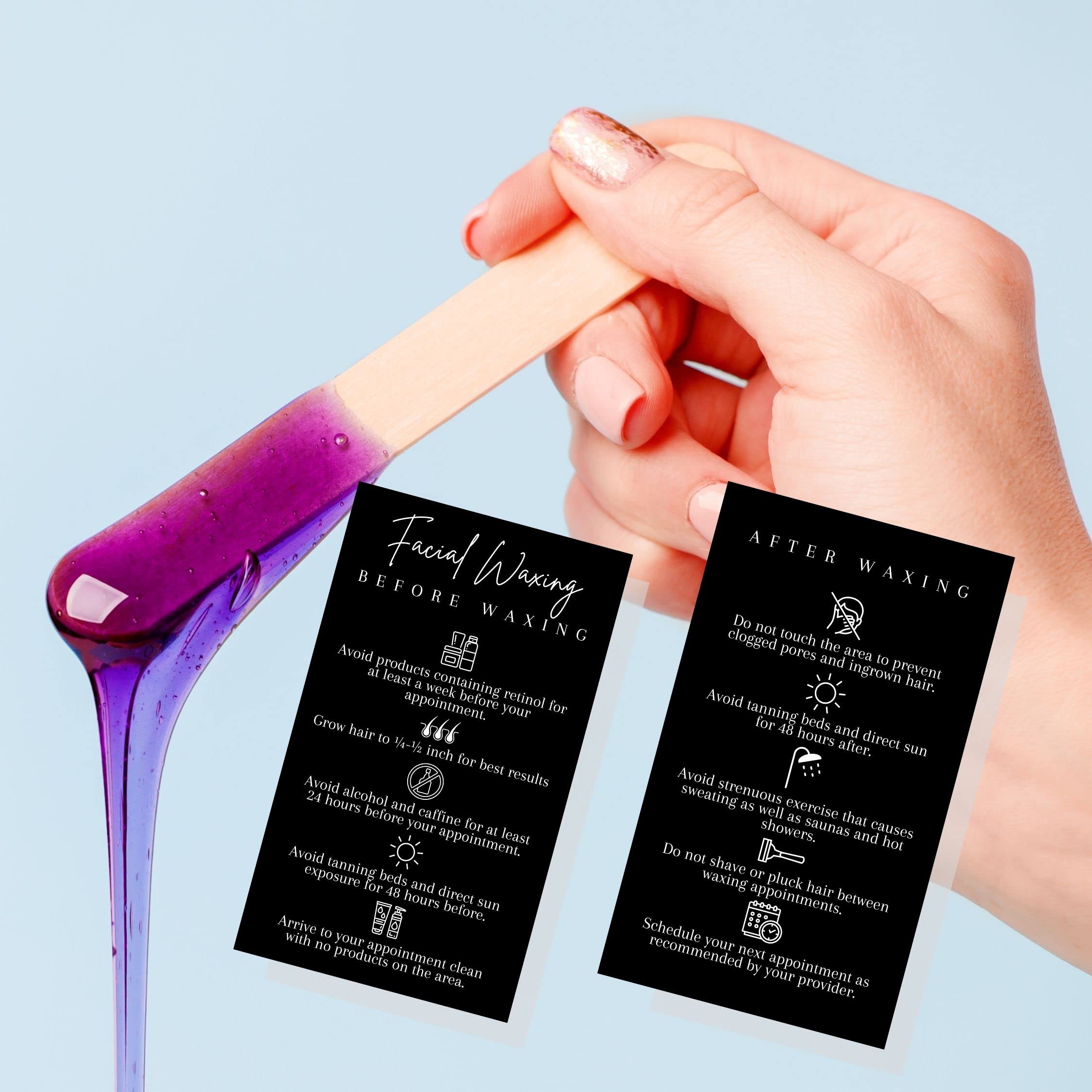 Facial Waxing Before & After Instruction Card | 50 Pack | 2x3.5β in Business Card | Waxing Supplies | Facial Waxing Instructions Cards for Estheticians Using Hard or Soft Wax | Black and White Design