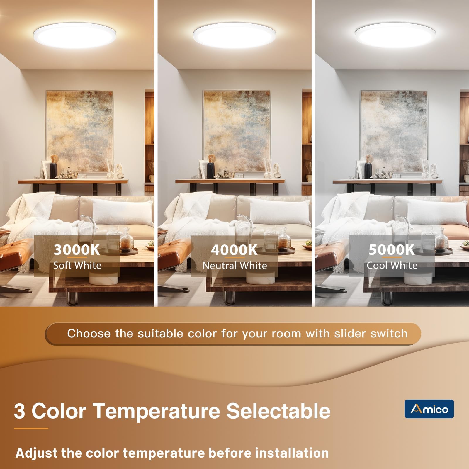 Amico 12 Inch LED Flush Mount Ceiling Light with Night Light, 24W, 2400lm, 3000K/4000K/5000K Selectable, Dimmable LED Ceiling Light Fixture for Bedroom, Kitchen, Dining Room, Hallway