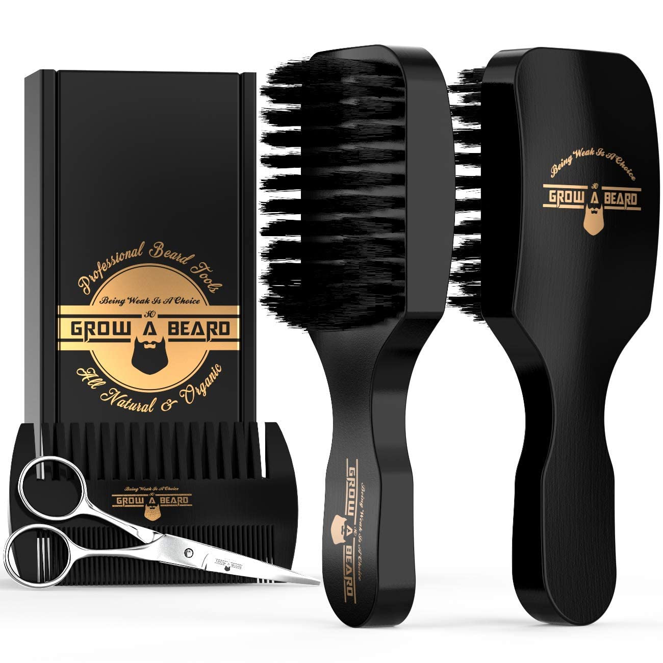 Beard Brush for Men & Beard Comb Set w/Mustache Scissors Grooming Kit, Natural Boar Bristle Brush, Dual Action Wood Comb, and Travel Bag Great for Christmas Gift
