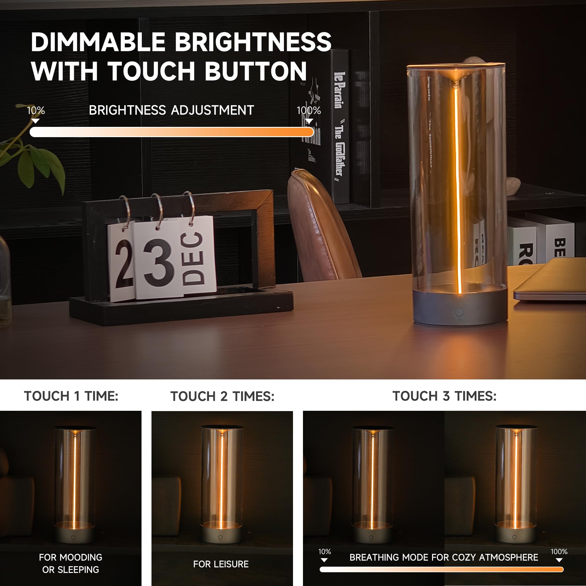AUGE LIGHT Minimalist Desk Lamp Cordless Table Lamps LED Rechargeable Modern Nightstand Lights Dimmable with 3 Levels for Gaming, Home Office, Bedroom, Living Room, Kitchen, Bar, Restaurant