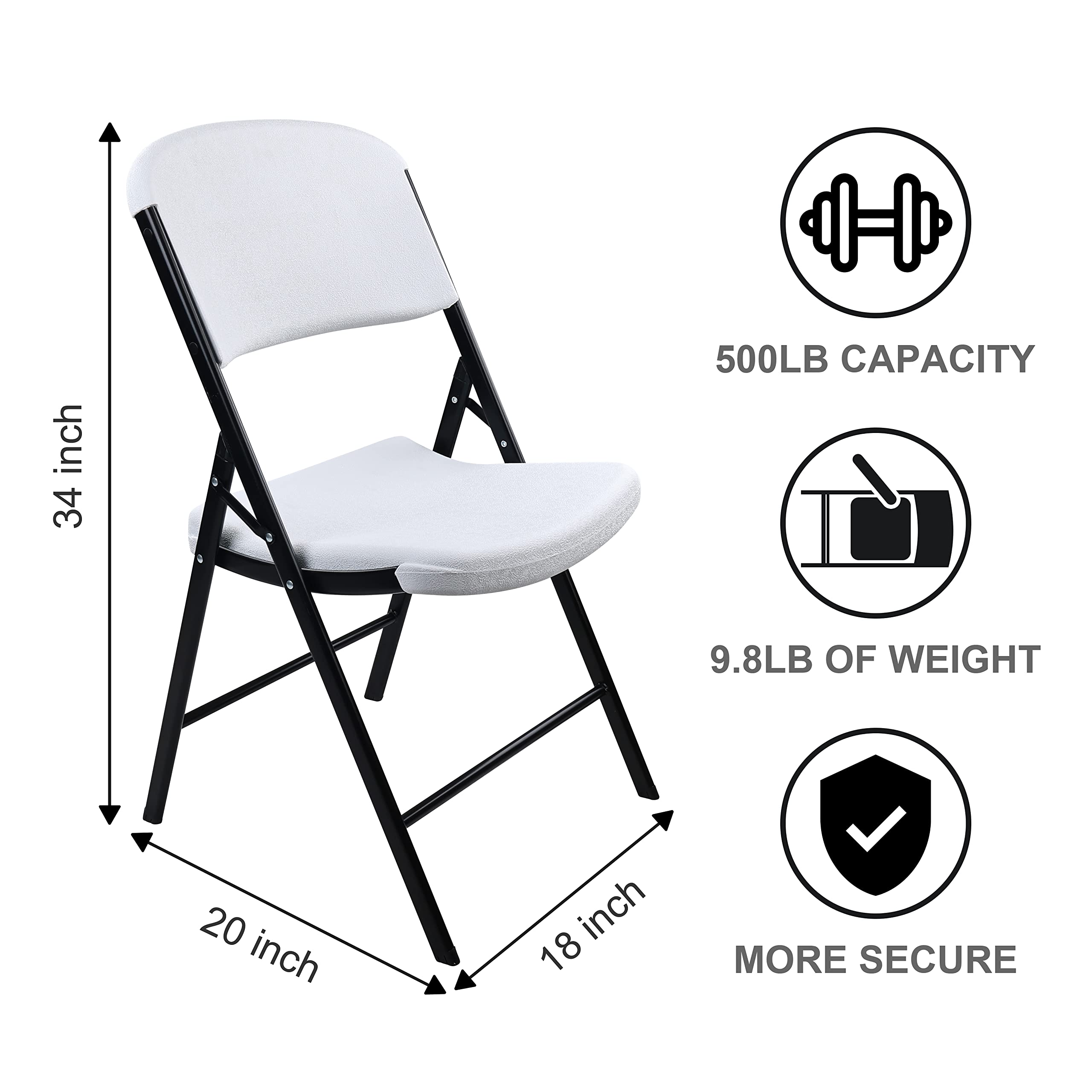 BalanceFrom Folding Plastic Chair with 500-Pound Capacity, White, 2-Pack