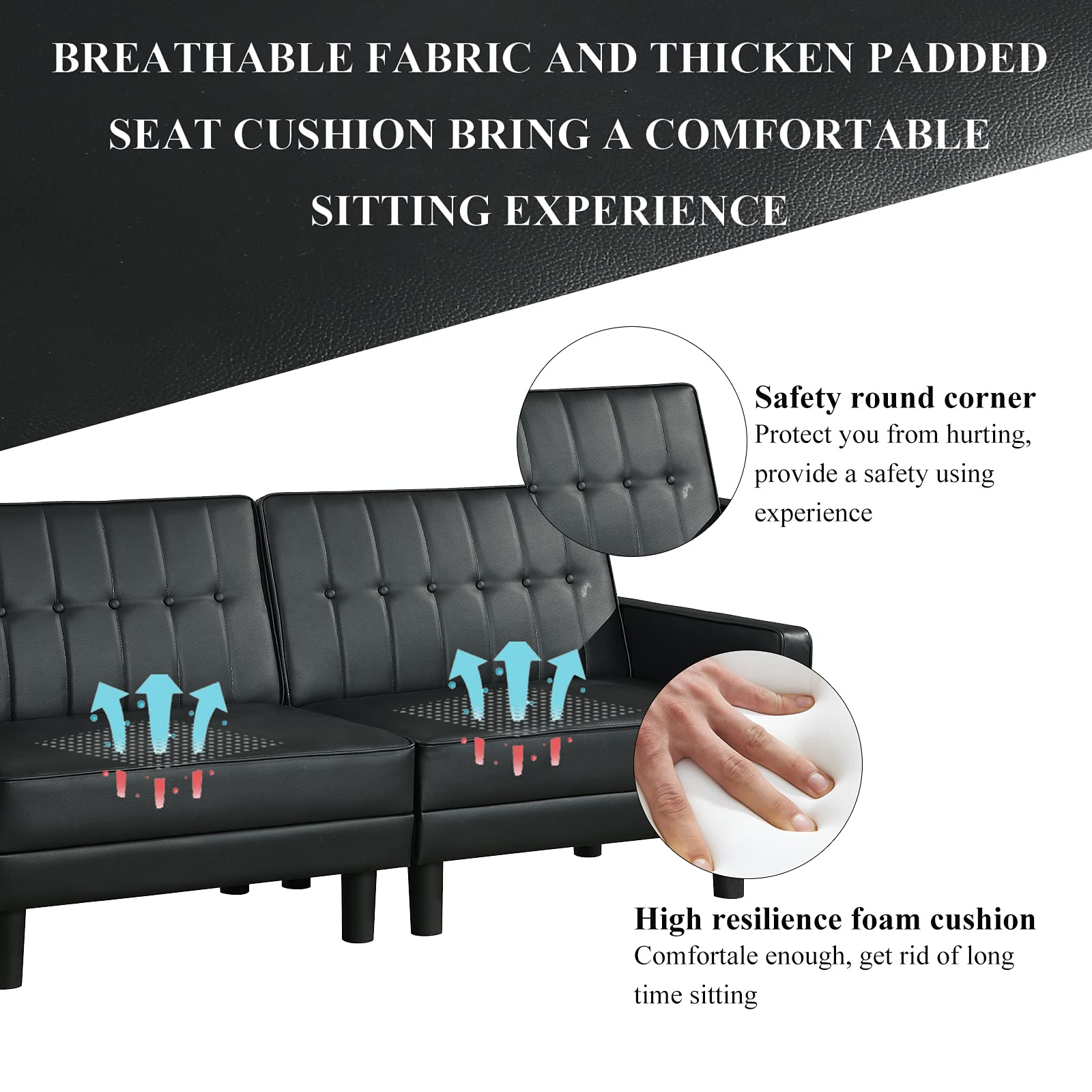 Convertible Futon Sofa Bed Upholstered Sofa Couch Sleeper with Adjustable Backrest and Side Pockets Loveseat Sofa for Living Room Dorm