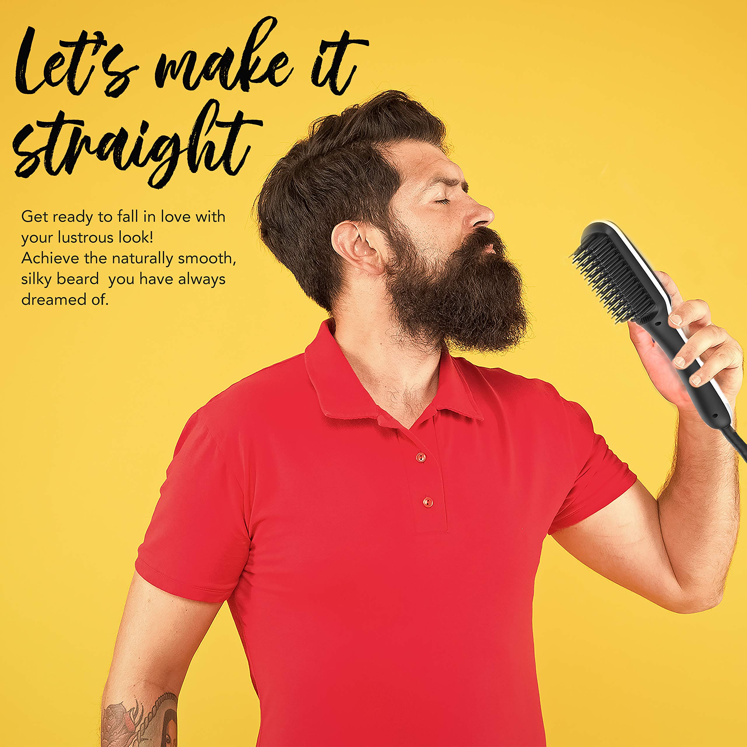 Beard Straightener Brush - Ceramic Heat w/ Anti-Scald and Automatic Shut-Off Safety Features, 3-Temp Settings, LED Display - Straightening Brush w/ Ionic Conditioning for Smooth and Sleek Hair