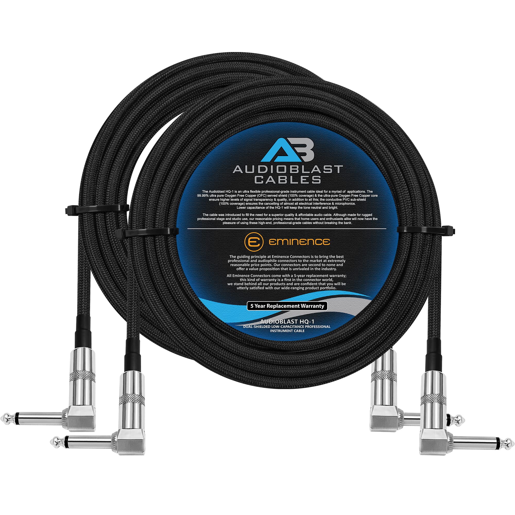 Audioblast - 2 Units - 50 Foot - HQ-1 - Braid(Black) Flexible -Dual Shielded(100%)-Guitar Instrument Effects Pedal Patch Cable w/Eminence Right-Angled ¼ inch(6.35mm) TS Plugs & Double Staggered Boots