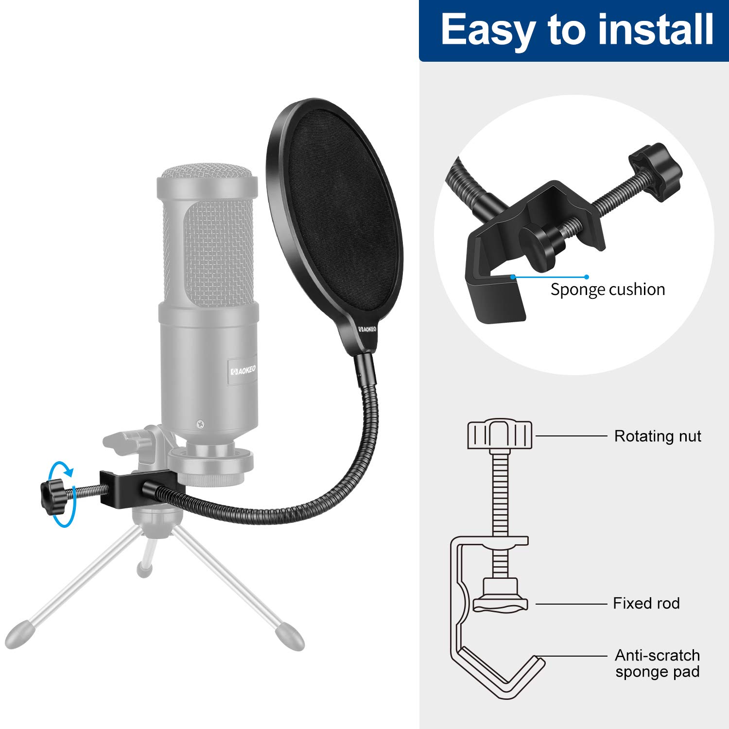 Aokeo Professional Microphone MINI Pop Filter Mask Shield For Blue Yeti and Any Other Microphone, Dual Layered Wind Pop Screen With A Flexible 360° Gooseneck Clip Stabilizing Arm …