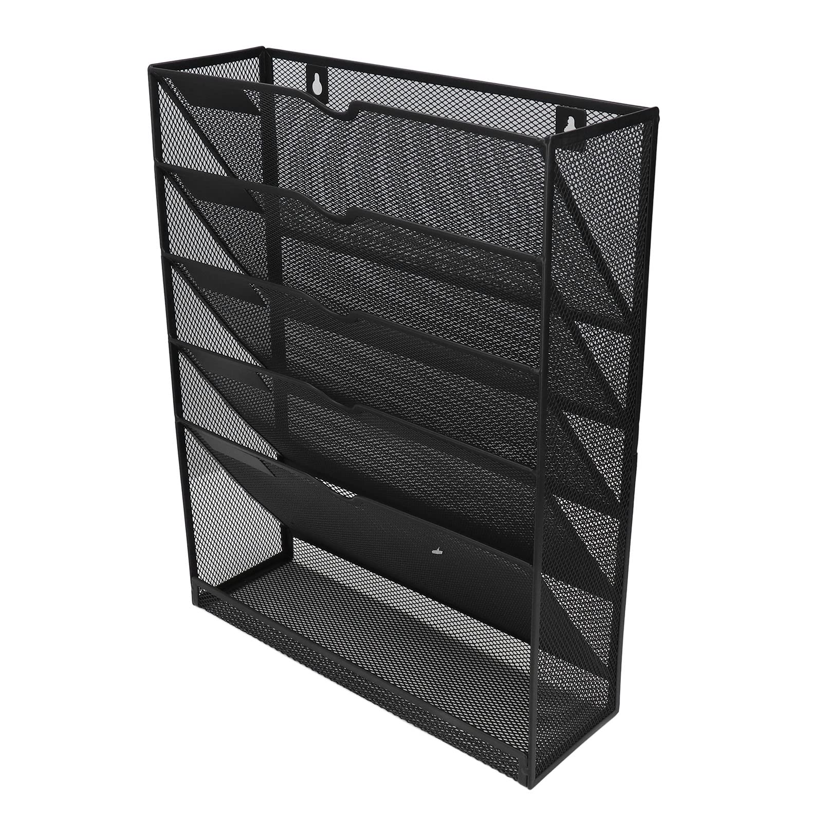Asixxsix Hanging Wall File Organizer, 5 Pockets Metal Mesh Wall Mounted Paper Magazine Rack with Bottom Flat Tray Heavy Duty File Document Organizer for Home Office Classroom Wall File Holder