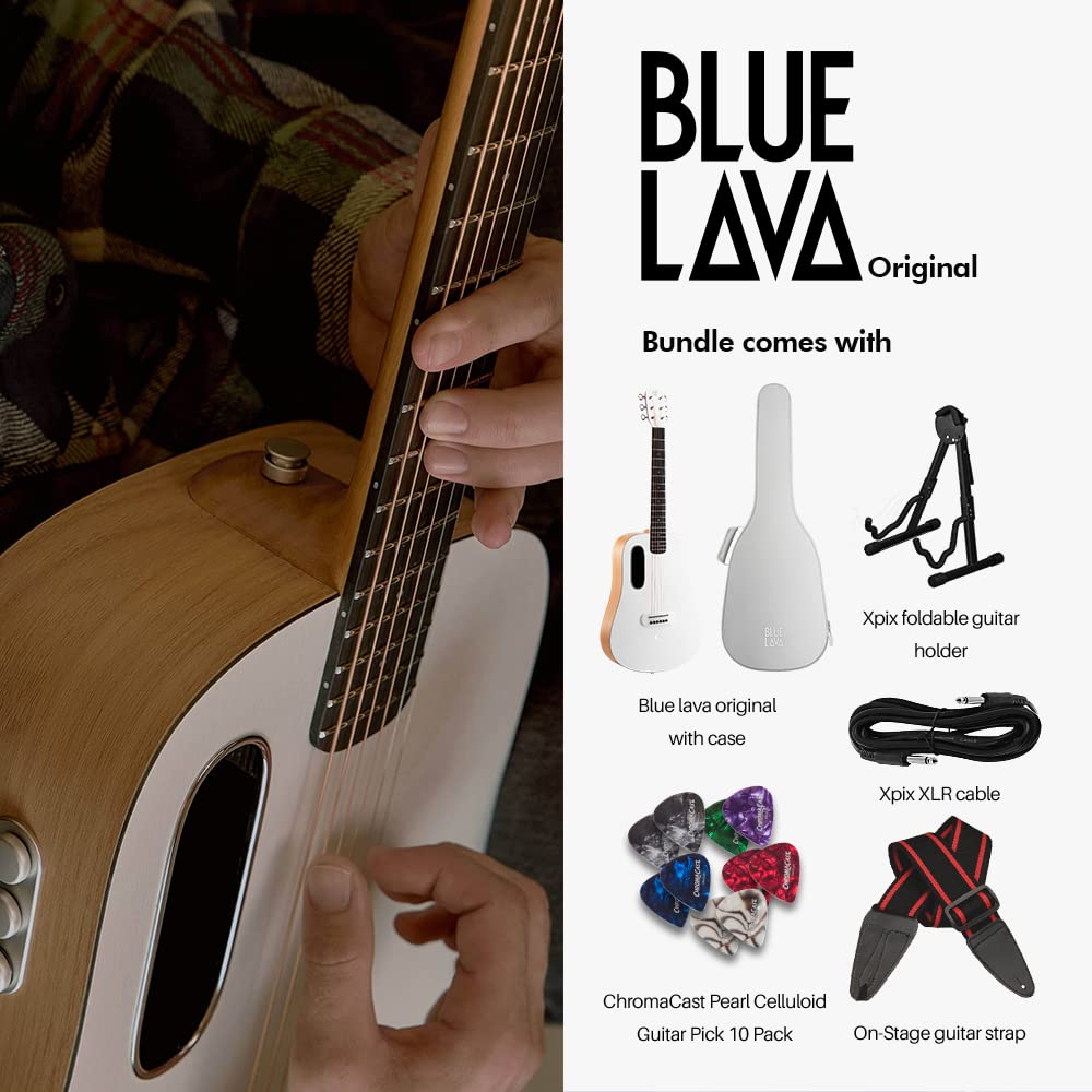 Blue Lava Original 36" Acoustic Guitar w/Ultra-light Body + Lite Bag + FreeBoost and Effects plus Bundle w/Foldable Guitar Stand + 1/4" TRS Cable + On-Stage Guitar Strap and more