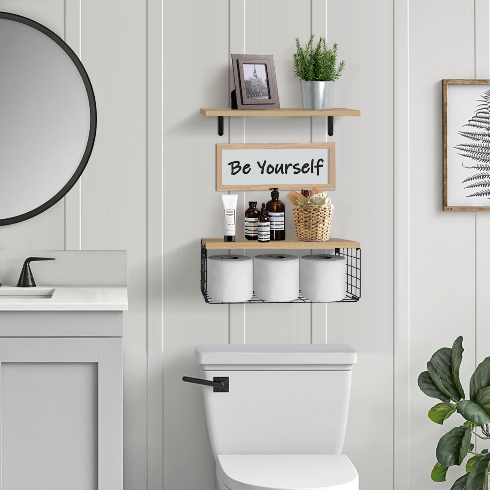 KOROI Bathroom Shelves Over Toilet,Floating Shelves Wall Mounted with Storage Basket,Wall Shelves for Bathroom,Bedroom,Living Room (Light Brown)