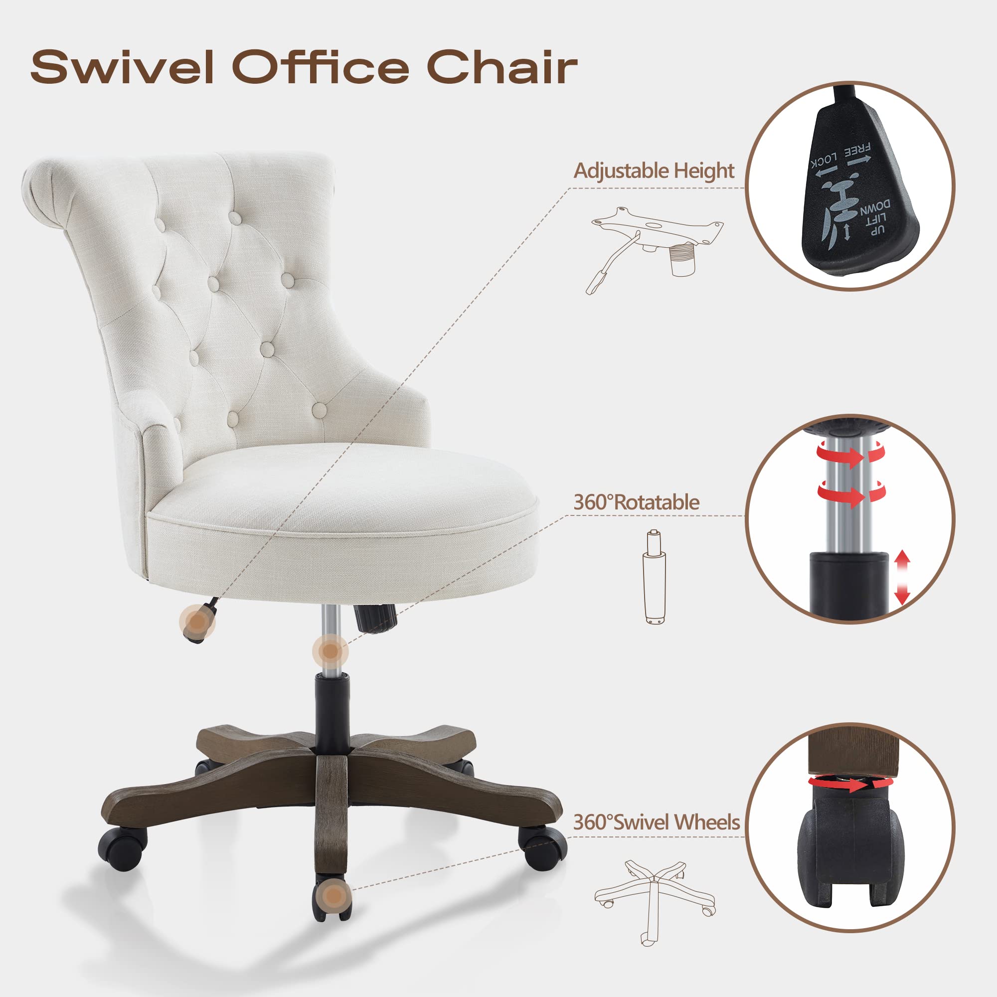 Batohom Home Office Chair Adjustable Height Swivel Chair with Wheels Linen Fabric Upholstered Computer Desk Chair with Wooden Legs Comfortable Armless Chair for Home Office Study Studio (Light Grey)