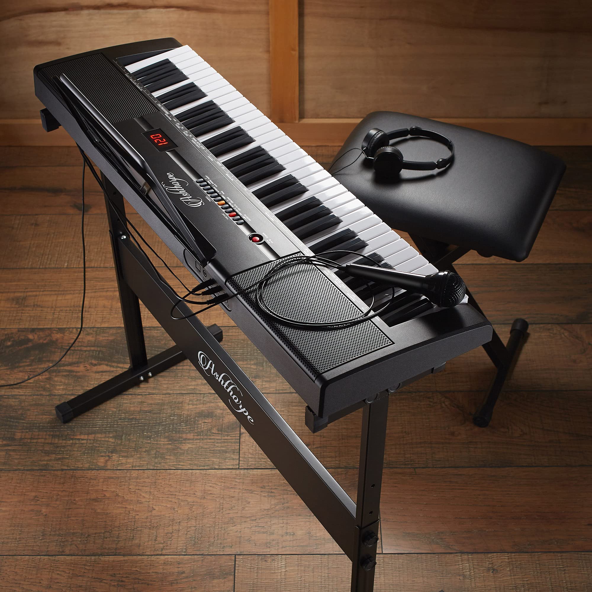 Ashthorpe 61-Key Digital Electronic Keyboard Piano, Beginner Kit with Stand, Bench, Headphones, Mic and Keynote Stickers