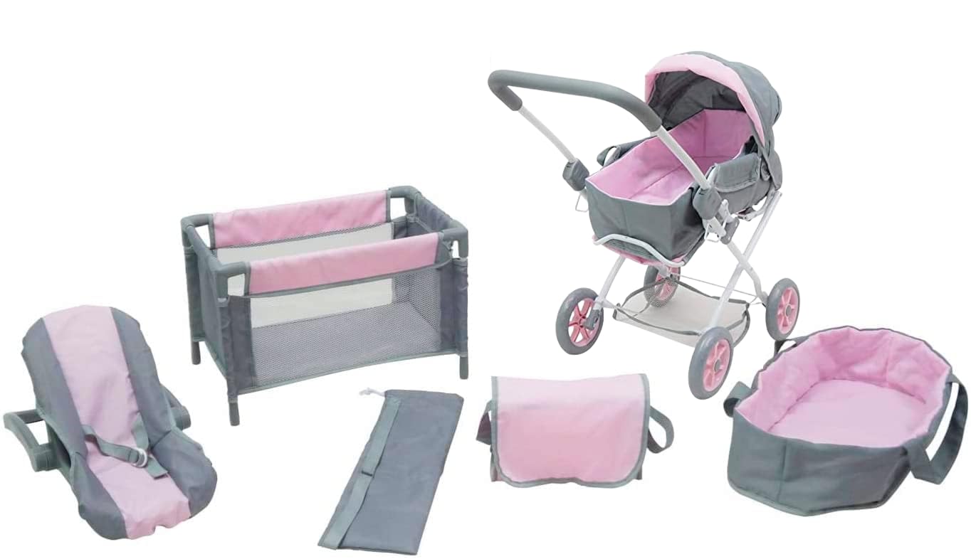 KOOKAMUNGA KIDS 5 Pc Baby Doll Stroller Set - Baby Doll Accessories - Baby Doll Playset w/ Doll Crib Stroller Car Seat - Playpen - Carry Cot - Diaper Bag - Ages 3+ - Deluxe Grey / Pink