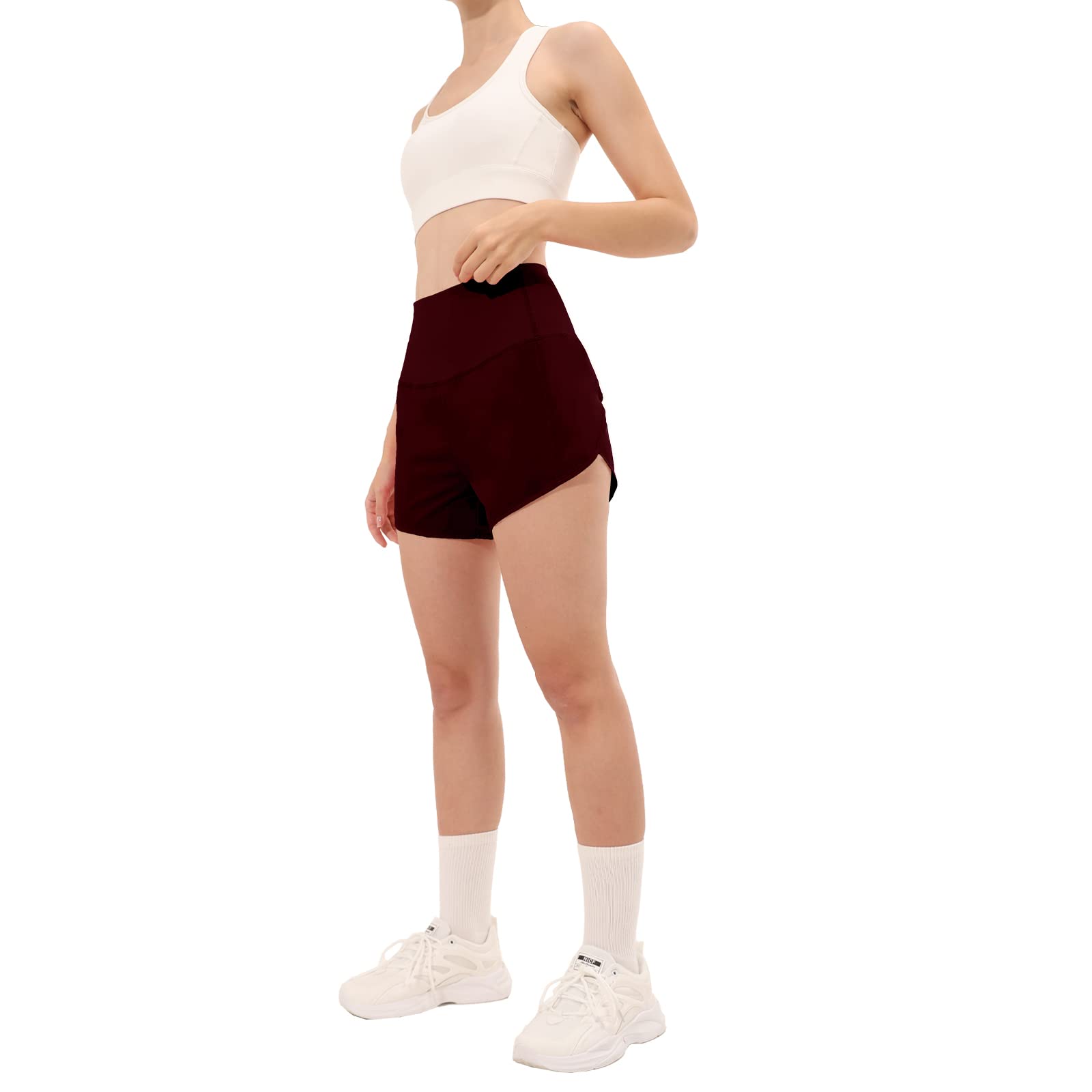 Aurefin Women's High Waisted Running Shorts Quick Dry Athletic Workout Shorts with Bulit-in Liner-3.5'' Wine red/m