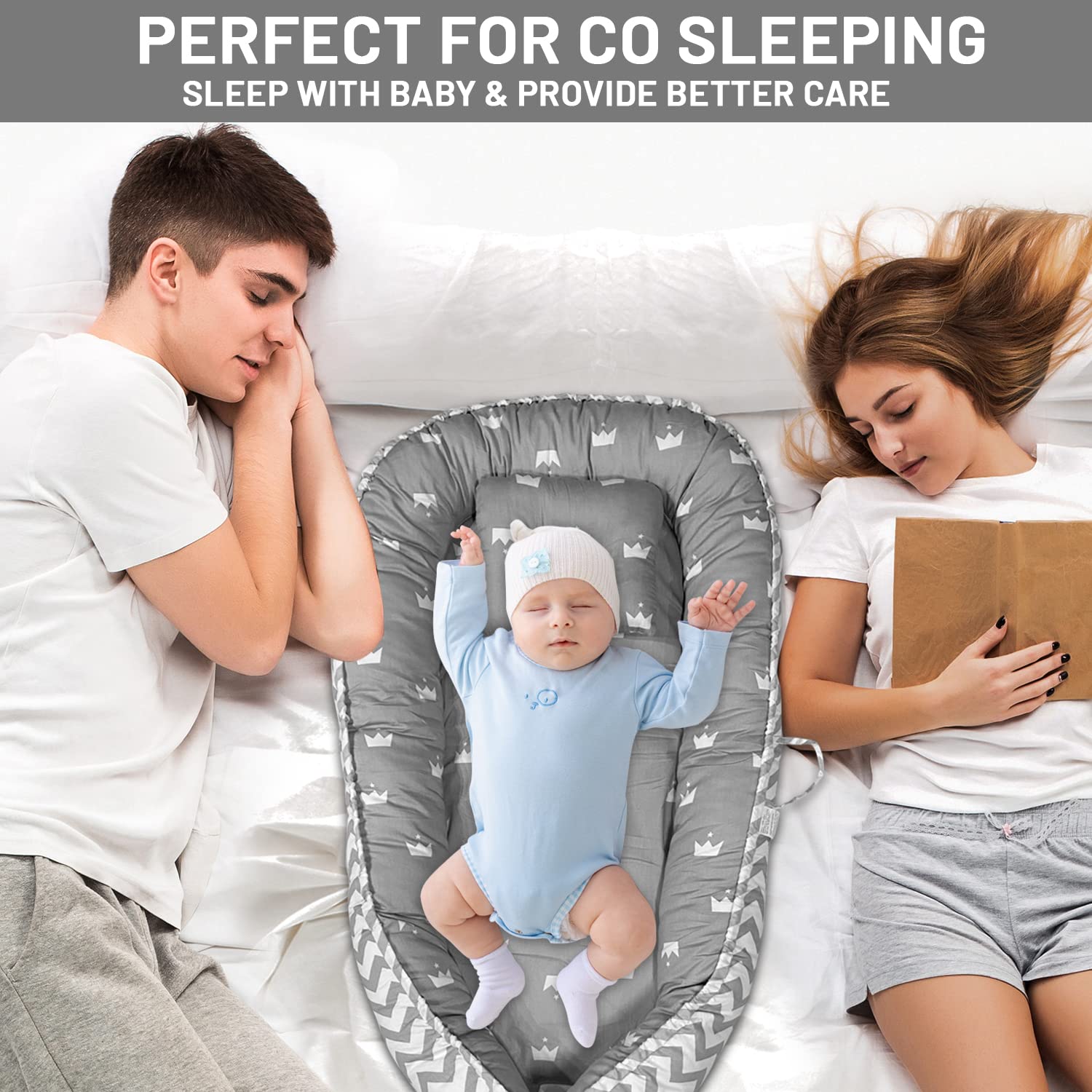 Baby Nest Co-Sleeping Lounger, Portable and Comfortable Nest for Baby, Nest for Baby, Co-Sleeping Bed (0-12M) (Grey Wave Crown)