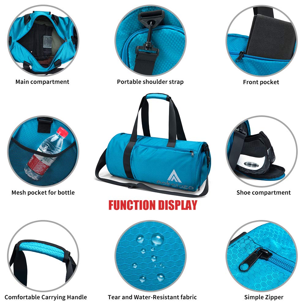 Aokelato Gym Bag,30L Small Sport Duffel bag, with Shoes Compartment & Wet Pocket,Lightweight Waterproof Weekend Bag, Blue Large