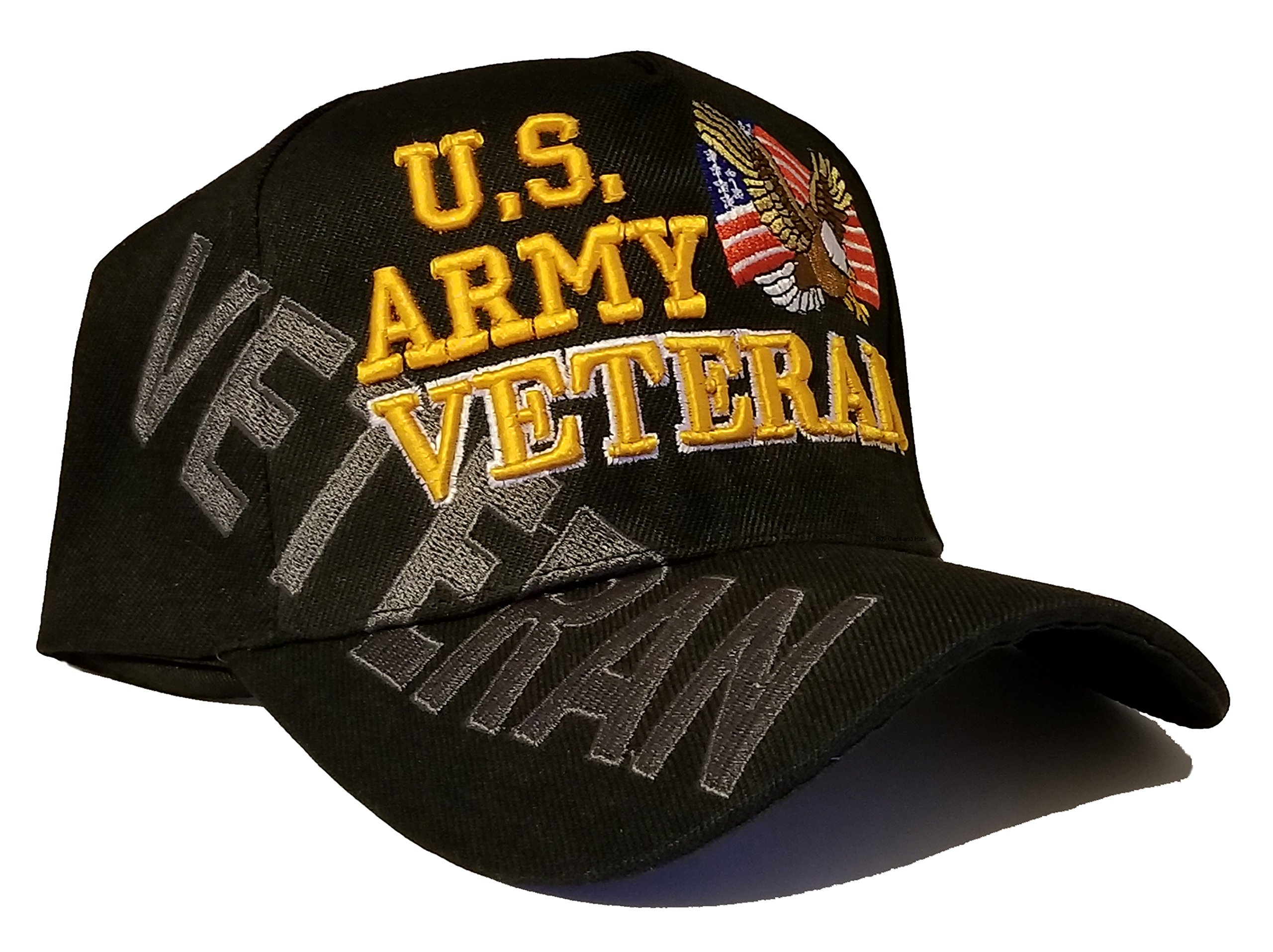 Army Black Baseball Cap US Veteran V American Flag USA Hat United States (Army Veteran Cap Black Side Shadow)