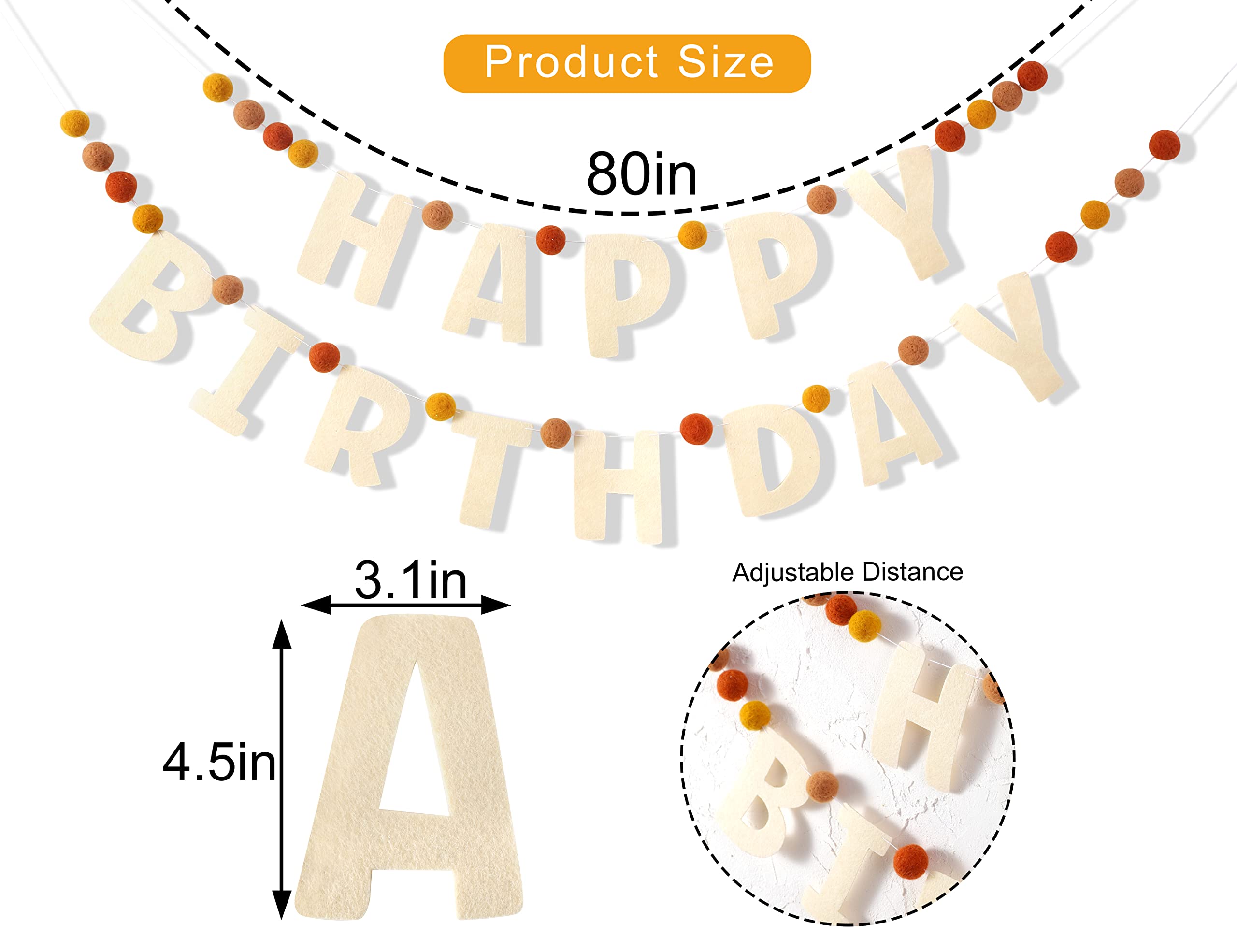 Boho Felt Happy Birthday Garland - Natural Handmade Wool Letters & Balls, Boho Birthday Decoration, Decorations for Children's Birthday Parties, Assembled Happy Birthday Banner