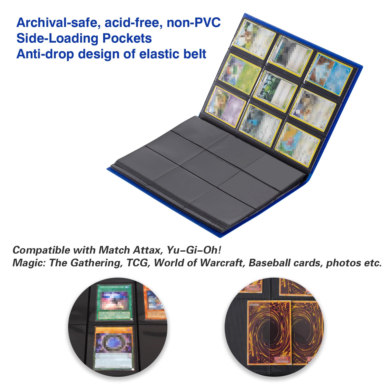 GEAoffice Card Binder, 9 Pockets Trading Card Album Folder, 360 Side Loading Pocket Binder for MTG and Other TCG, Blue