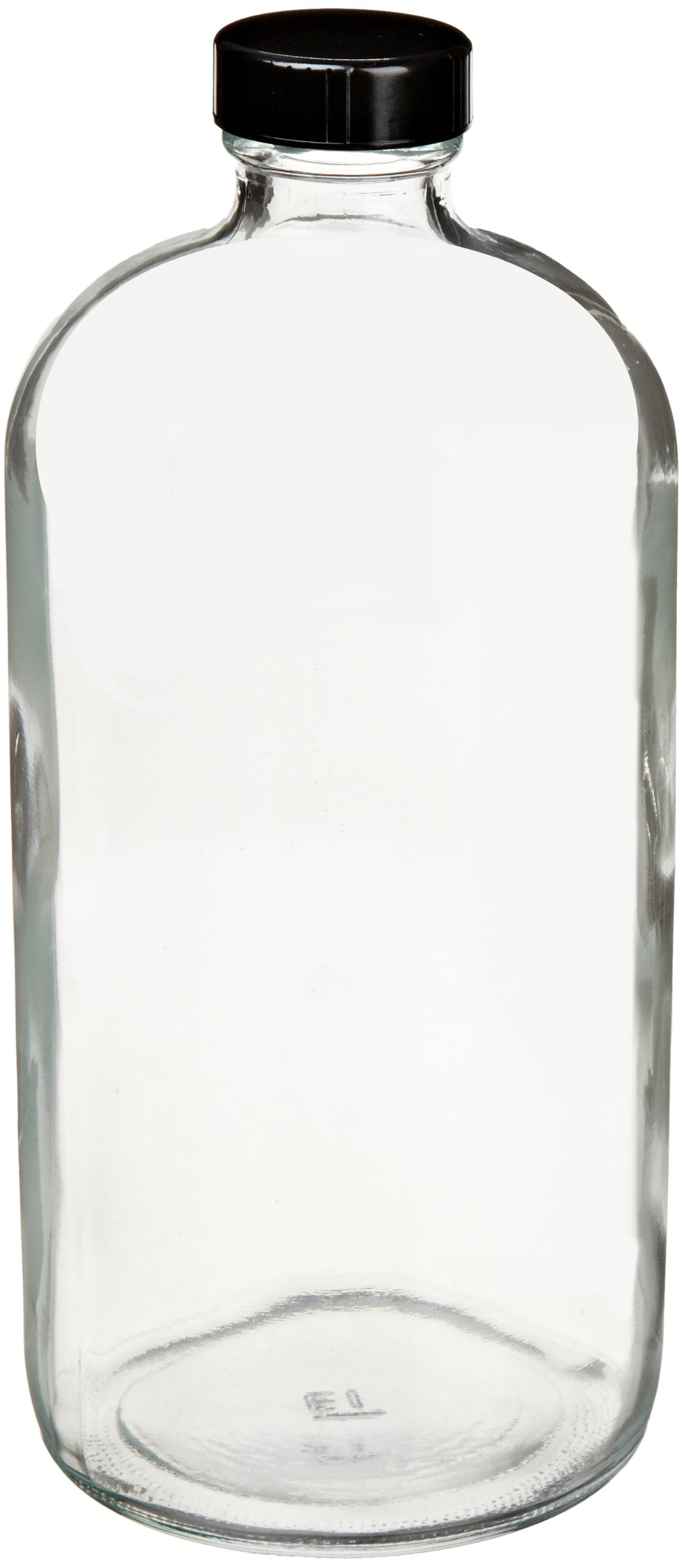 JG Finneran D0149-32 Clear Borosilicate Glass Standard Boston Round Bottle with Black Phenolic Closure, PE Cone Lined, 33-400mm Cap Size, 32oz Capacity (Pack of 12)
