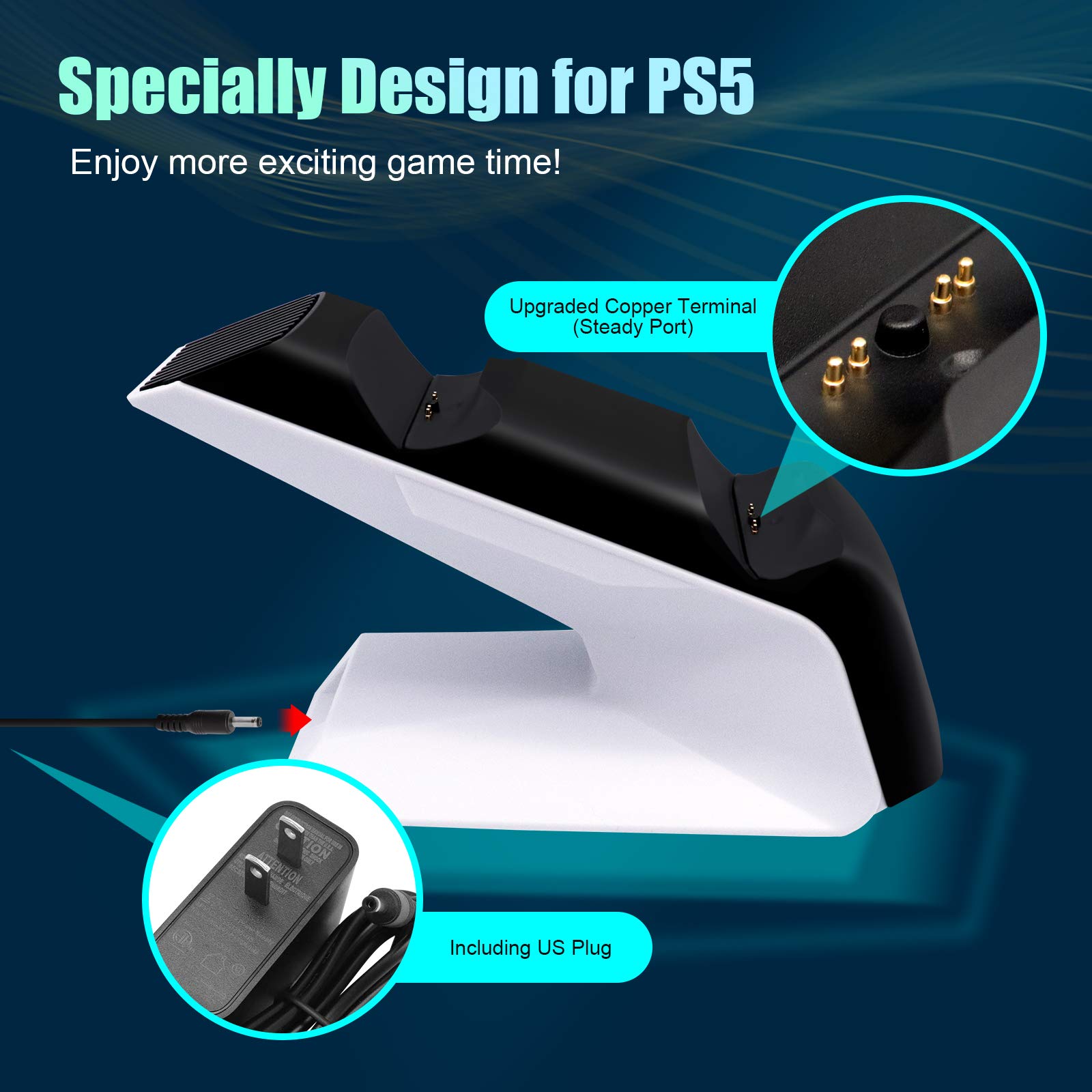 AYWHP Upgraded PS5 Controller Charger, Charging Dock Station with LED Indicators, Fast Charging Station with Safety Chip Protection for Playstation 5 Dualsense Controllers, White