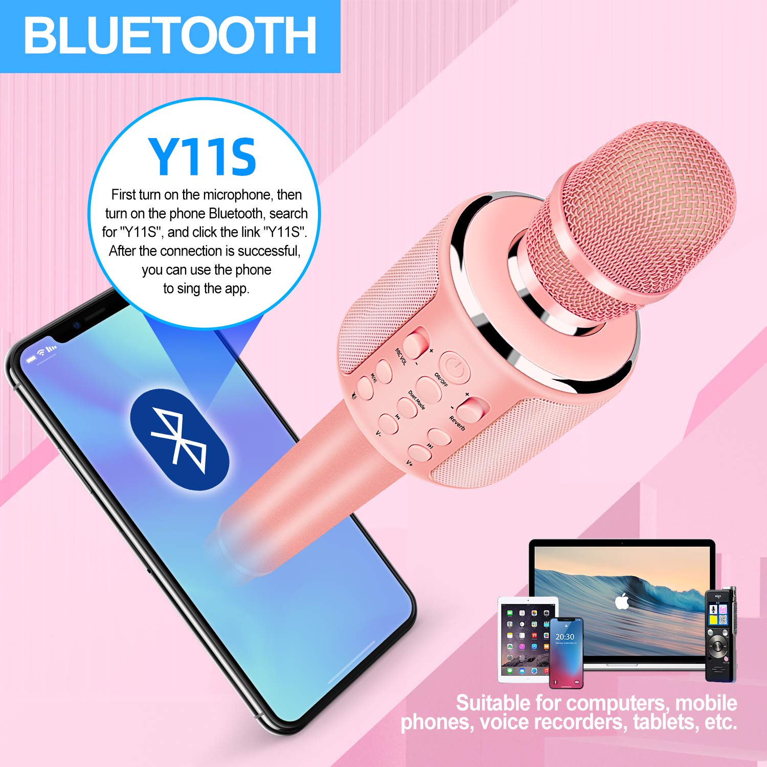 Aokeo K-1 Wireless Karaoke Bluetooth Microphone.3 in 1 Handheld Mic Karaoke Machine for Christmas Home Birthday Party for Kids and Adults.Compatible with Android & iOS Devices (Pink)