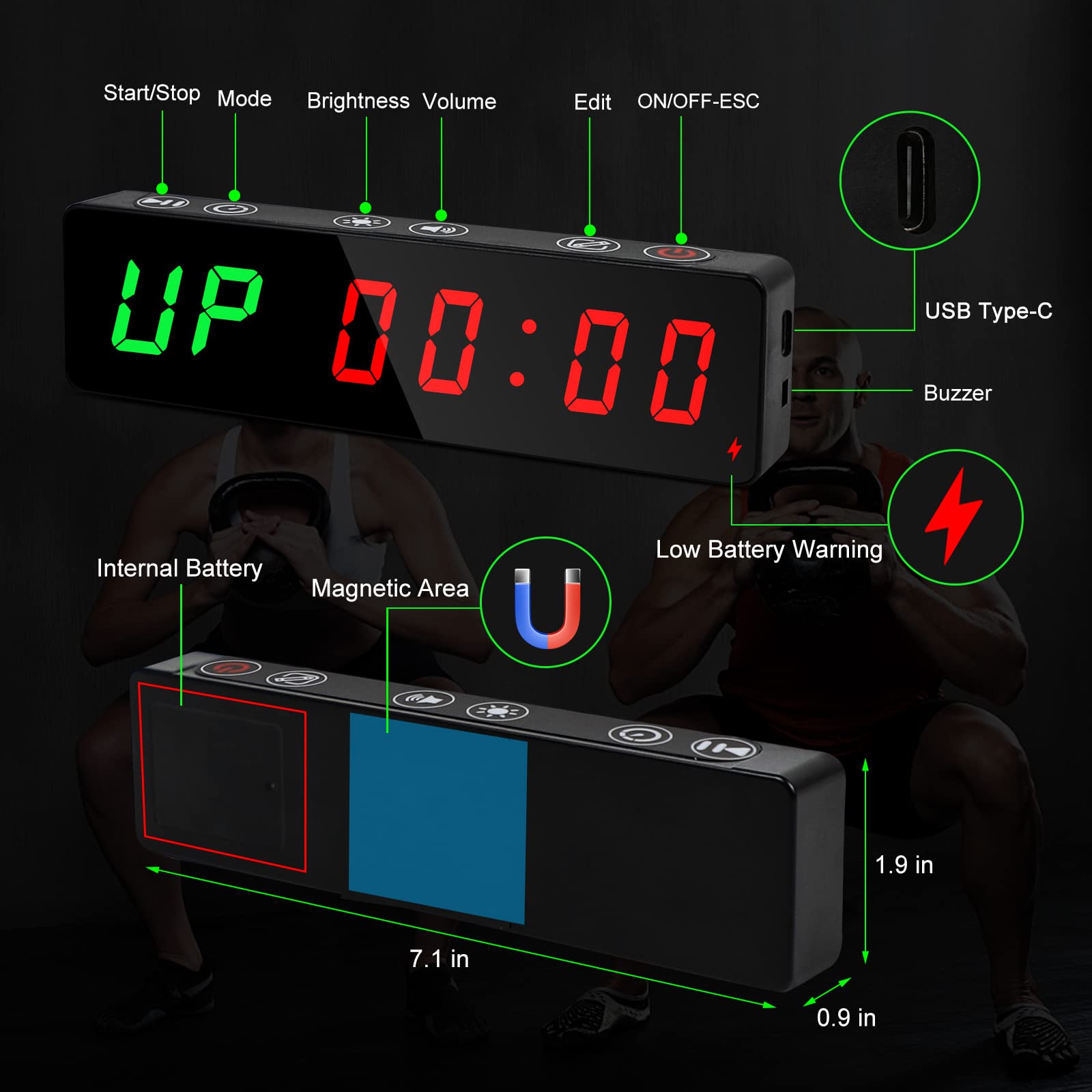 Jhering Portable Gym Timer, Workout Clock with Rechargeable Battery and Built-in Magnet, Stopwatch Countdown/Up for Home Gym Garage Fitness, Interval Training, EMOM, Tabata, Boxing (Black)