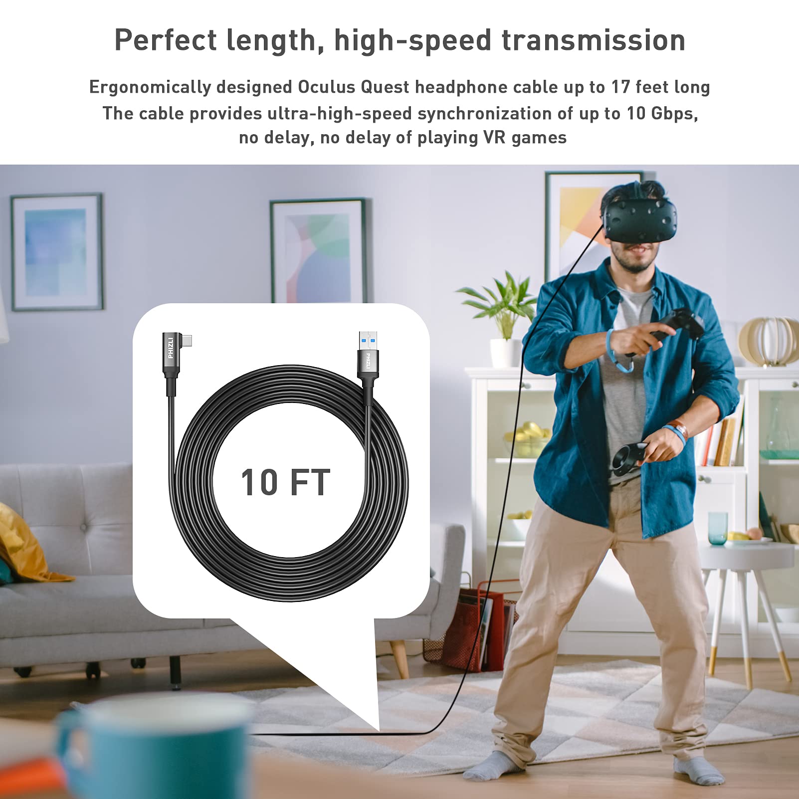 Link Cable 10ft Compatible for Oculus Quest 2,VR Headset Cable, High Speed Data Transfer & Fast Charging USB C 3.2 Gen1 Cord for VR Headset Game Accessories Black