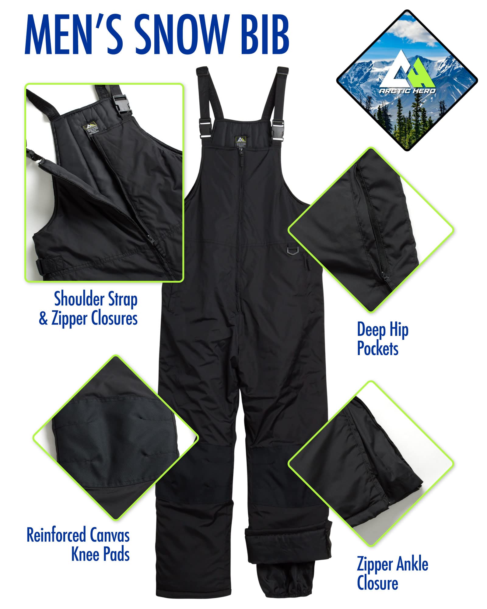 Arctic Hero Men’s Snow Bib – Insulated Waterproof Snow Pants Ski/Snowboard Overalls (S-2XL), Size Medium, Black