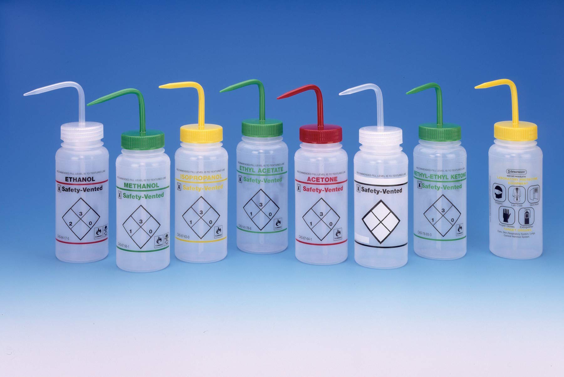 SP Bel-Art Safety-Vented/Labeled 2-Color Methanol Wide-Mouth Wash Bottles; 500ml (16oz), Polyethylene w/Green Polypropylene Cap (Pack of 3) (F11642-0623)