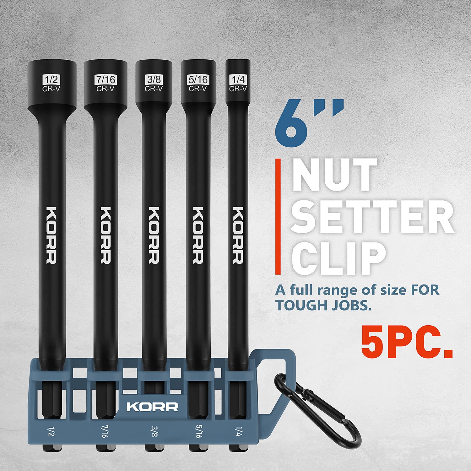 KORR Tools KIBPP026 5pc Impact Rated Magnetic 6 inch Nutsetter Set (1/2", 7/16", 3/8", 5/16", 1/4")