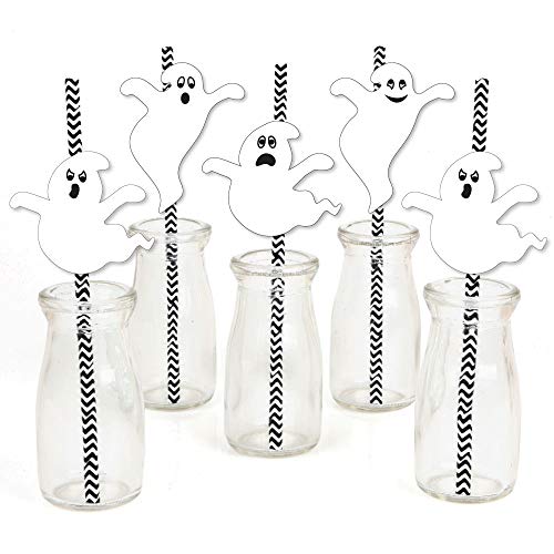 Big Dot of Happiness Spooky Ghost - Paper Straw Decor - Halloween Party Striped Decorative Straws - Set of 24