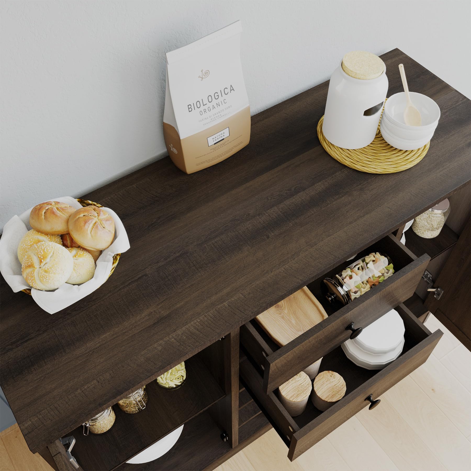 BOTLOG Buffet Sideboard Bar Cabinet with Storage, Farmhouse Coffee Bar Cabinet with 2 Drawers and Adjustable Shelves, 43.3β Kitchen Buffet Storage Cabinet for Kitchen, Dining Room (Dark Brown)