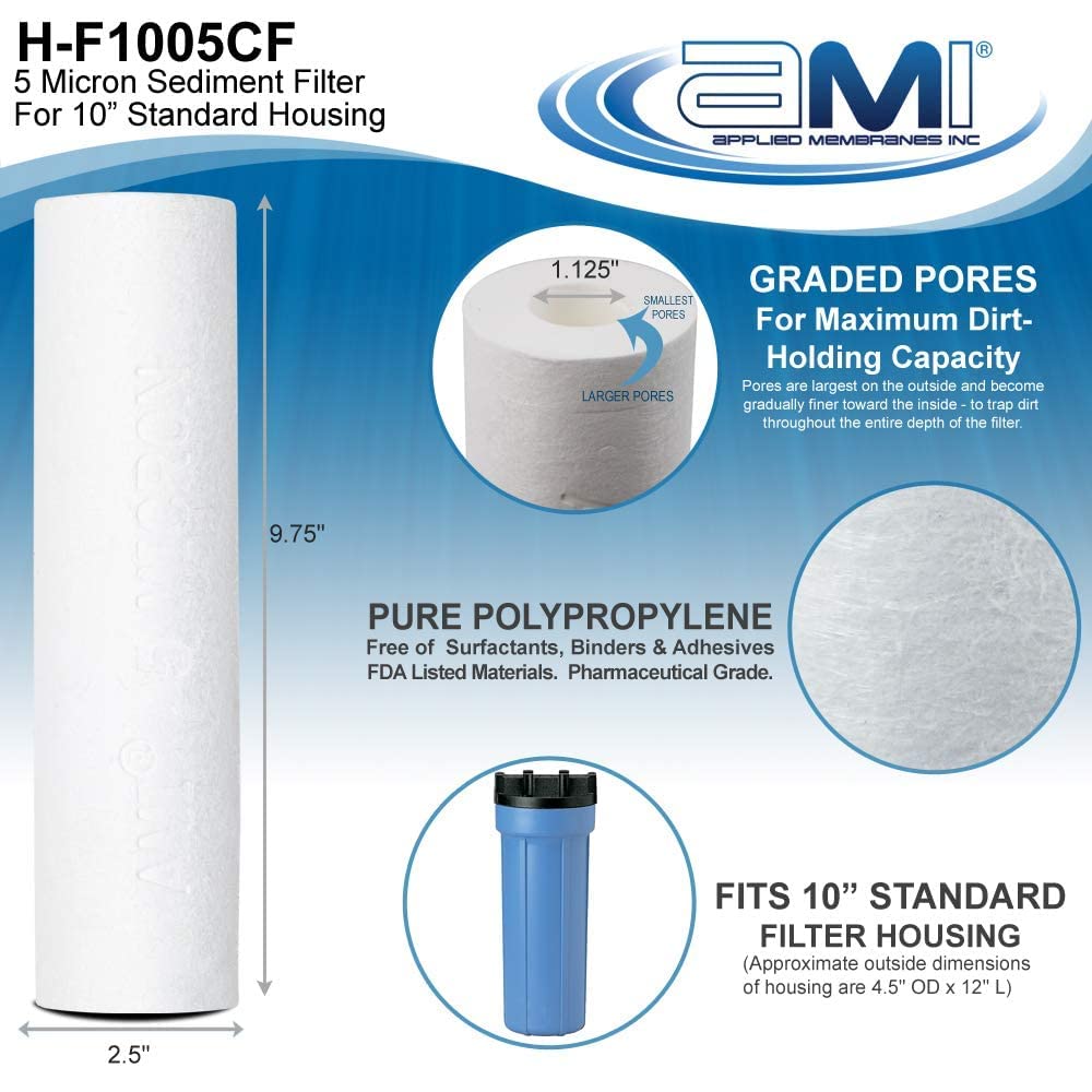 APPLIED MEMBRANES INC. 5 Micron Sediment Filter Replacement | 10" Standard Size Fits All Standard Filter Housing | Removes Rust, Dirt, Sand and Suspended Solids to 5 Micron Size