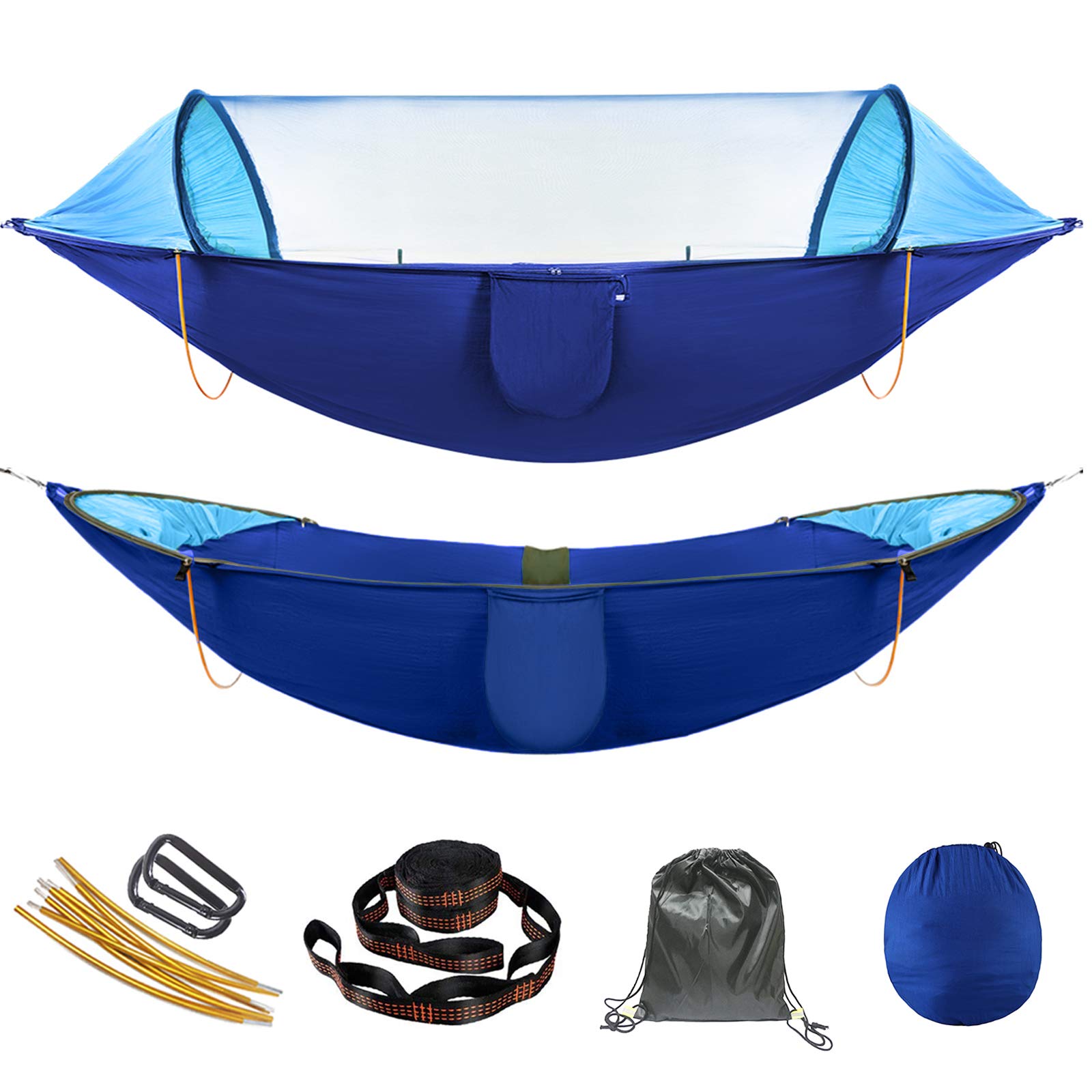 AMZQJD Anti-Rollover Camping Hammock Double & Single Portable Hammocks with Mosquito/Bug Net for Outdoor Travel (Blue)