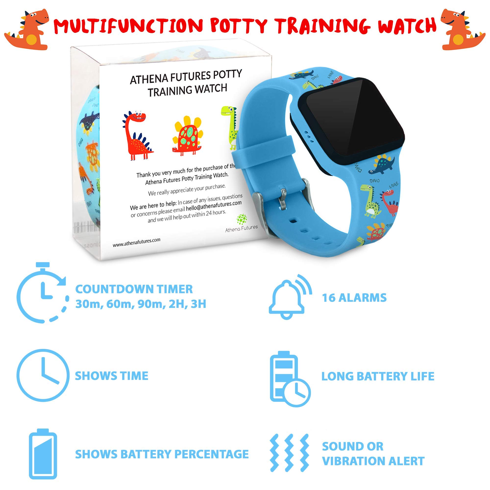ATHENA FUTURES Potty Training Timer Watch with Flashing Lights and Music Tones and Potty Training Chart for Toddlers - Dinosaur and Kids Design