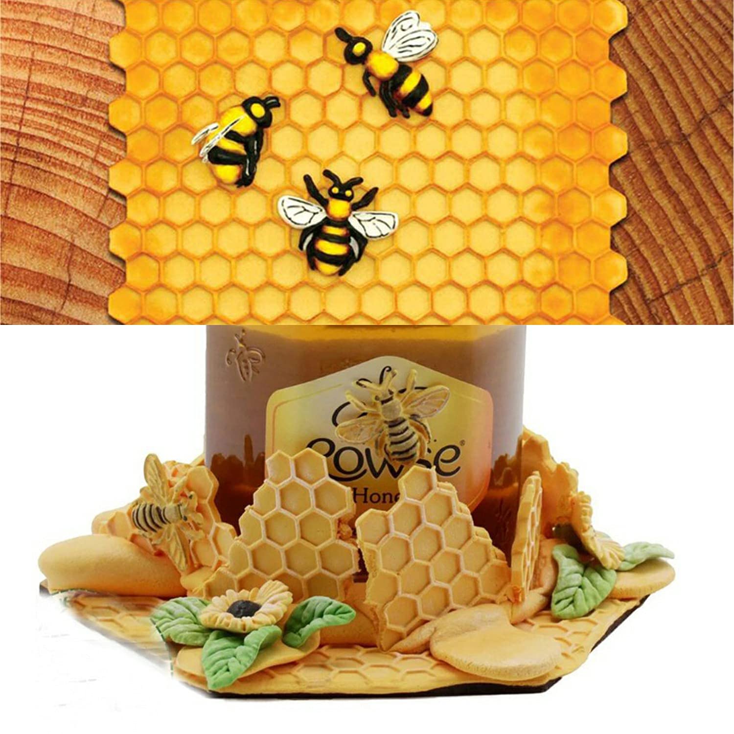 Amison Honeycomb Bees Silicone Fondant Cake Mold, 3Pcs 7 Cavity Bumble Bee Silicone Mold, Beehive Silicone Baking Molds, Silicone Cupcake Decorating Fondant Candy Baking Cake Moulds, Sugar Cube Mold