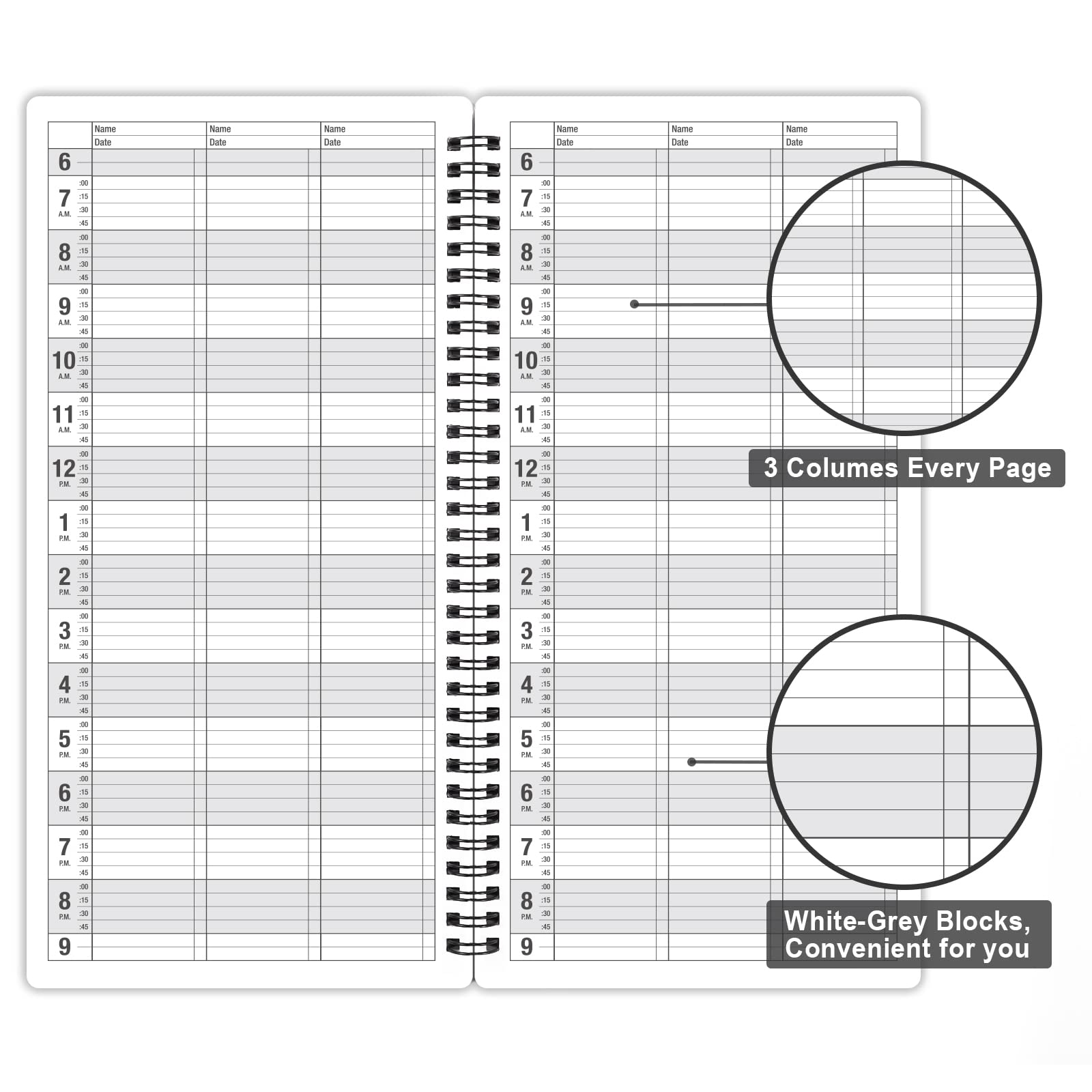 Appointment Book – Undated Salon Appointment Book, Daily&Hourly Schedule Book with 200 Pages, 6 AM - 9 PM, 15 Minute Intervals Day Planner, 6’’ x 11.5’’, 3 Column, Twin-Wire Binding, Hardcover