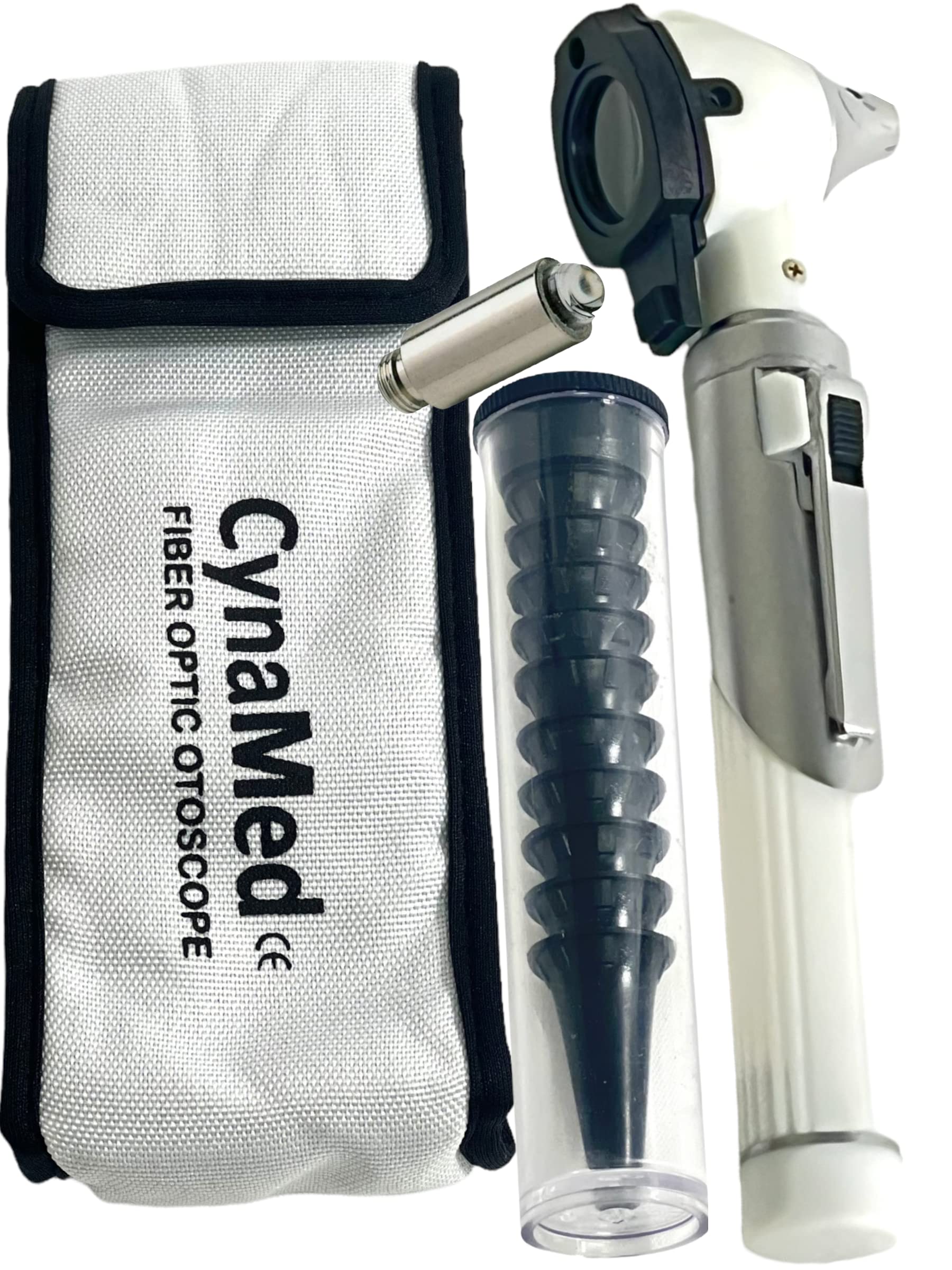 Mini Fiber Optic Otoscope White (Pocket Size) Ent Diagnostic Set with 1 Replacement Bulb Cynamed