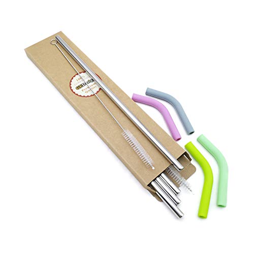 Big Drinking Straws Reusable 13" Extra Long 8mm Extra Wide Food-Grade 18/8 Stainless Steel Silicone Elbows Tips for Smoothie Milkshake Cocktail Juice Hot Drinks - Set of 4 + 2 Cleaning Brushes