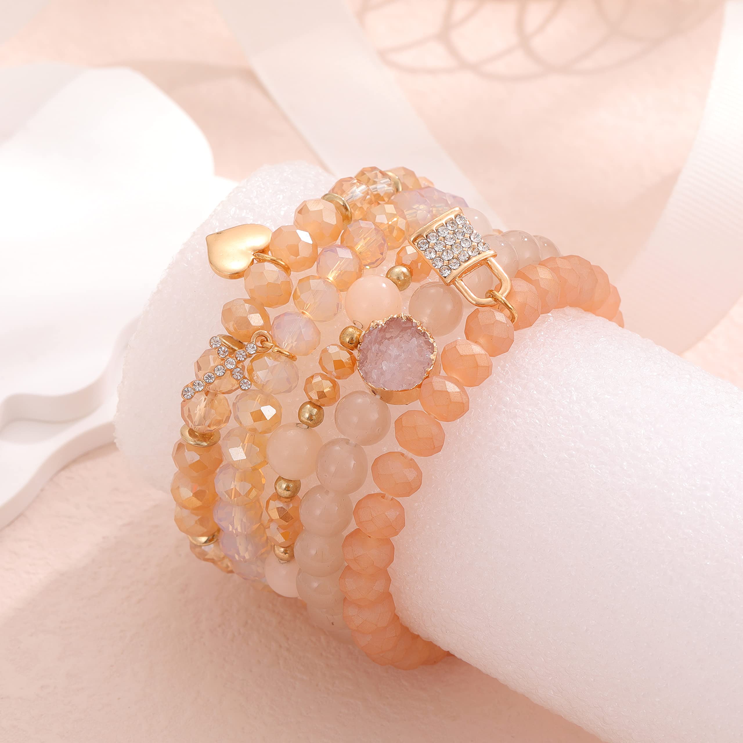 Aganippe Bohemian Beaded Bracelets for Women Stackable Bracelets Set Stretch Multilayer Stack Beads Charm Bracelets Women Girls Handmade Jewelry(5pcs)