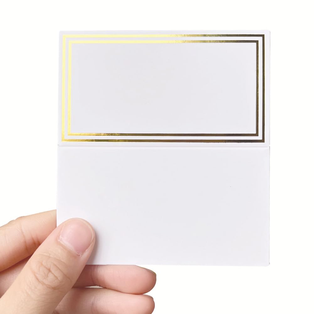 ccHuDE 50 Pcs Table Place Cards Tent Name Place Cards Folded Table Setting Cards Blank Table Number Signs with Foil Border for Wedding Party Gold