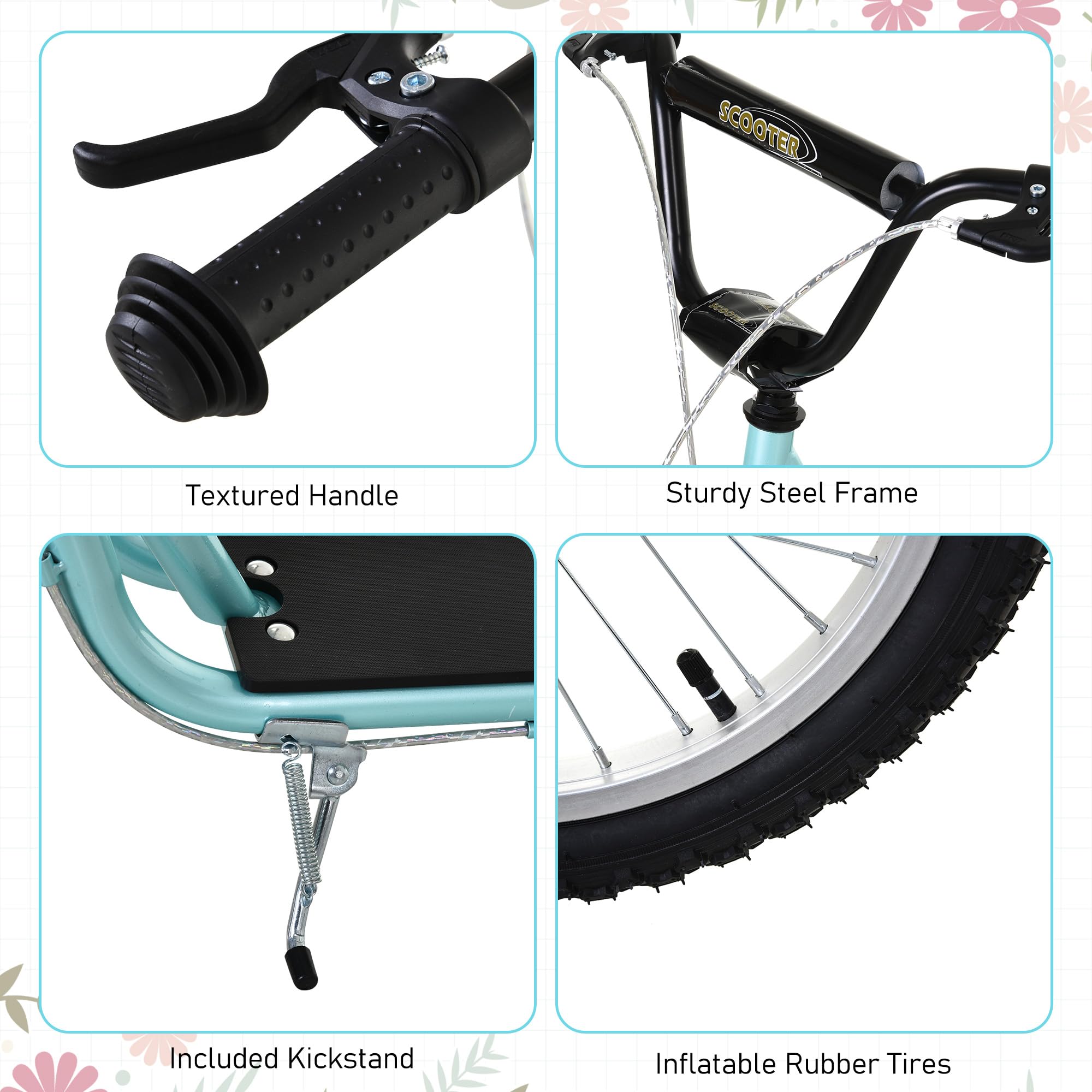 Aosom Youth Scooter Kick Scooter for Kids 5+ with Adjustable Handlebar 16" Front and Rear Dual Brakes Inflatable Wheels, Blue