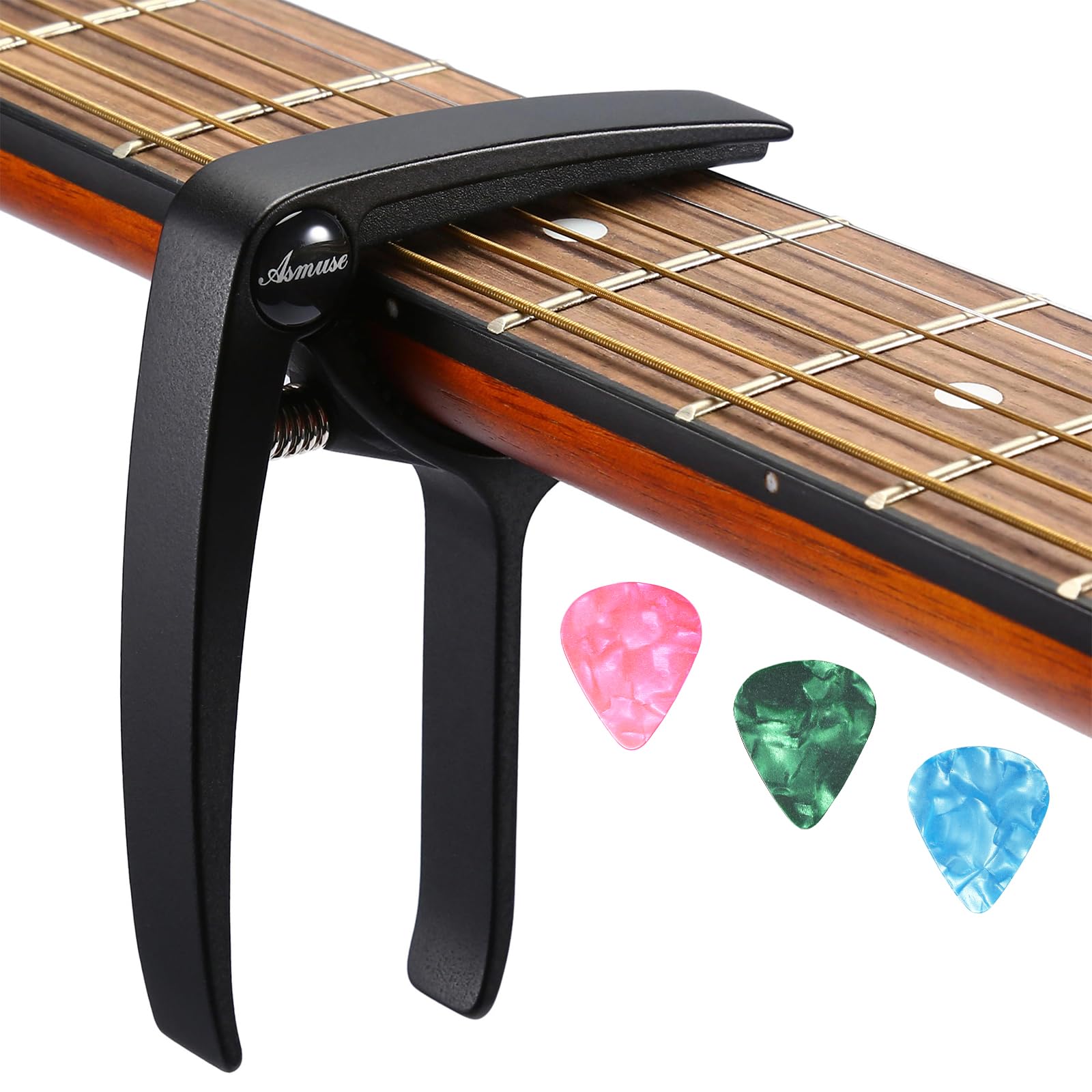 Asmuse Guitar Capo Trigger with 3pcs Guitar Picks For Acoustic And Electric Guitar (Black)