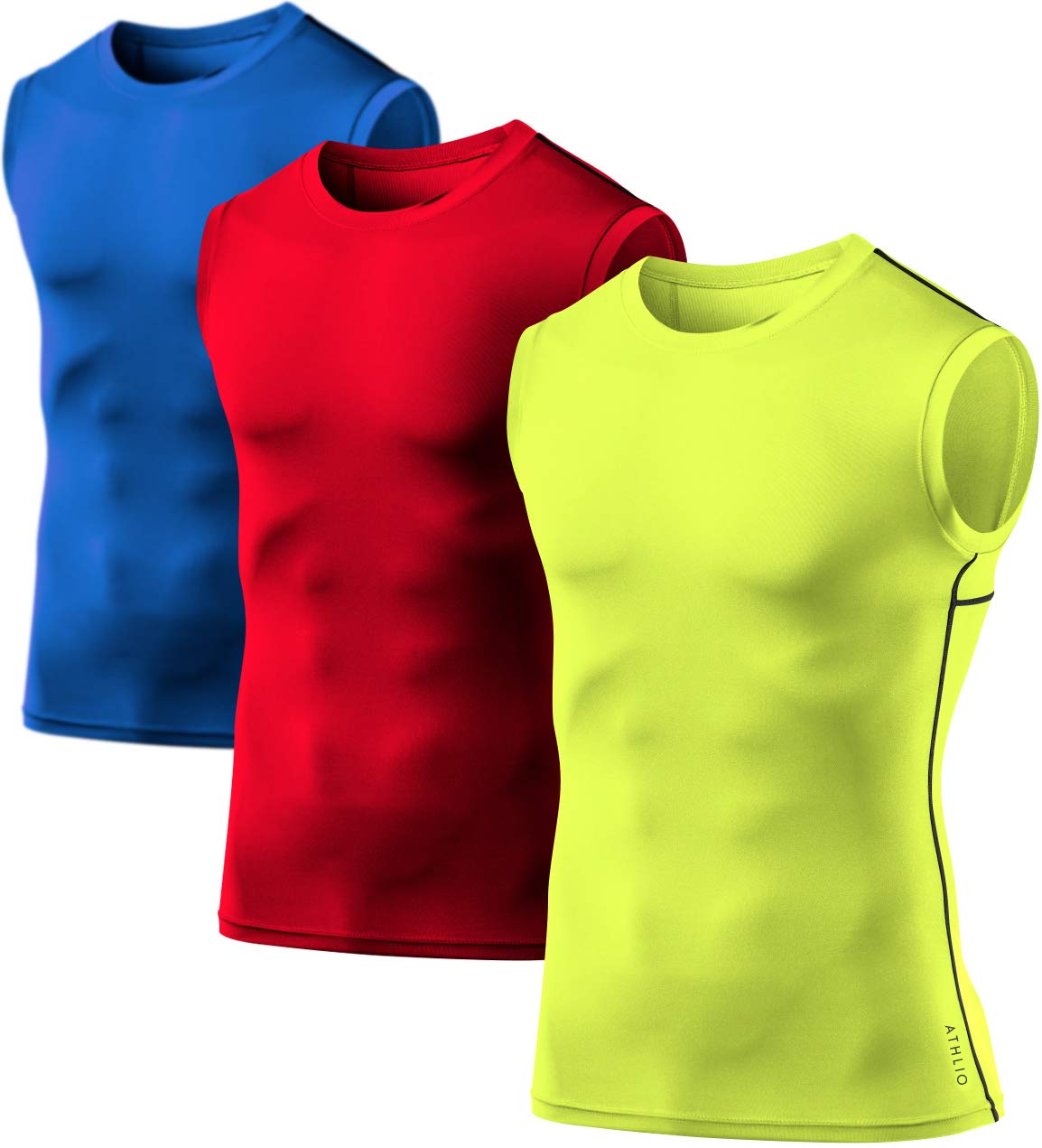 ATHLIO CLSX Men's Sleeveless Workout Shirts, Dry Fit Running Compression Cutoff Shirts, Athletic Base Layer Tank Top, 3pack Sleeveless Tops Neon Yellow/Blue/Red, Medium