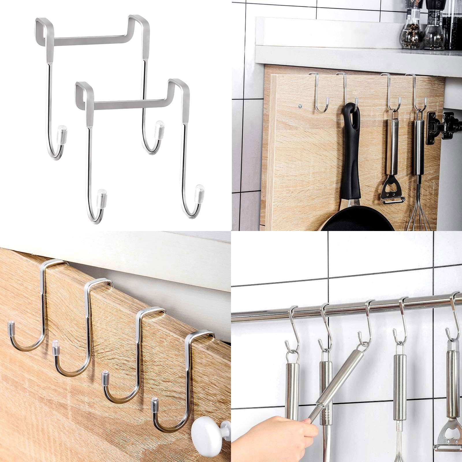 DEALSCHIC Over The Door Hooks, 4 Pack Shower Hooks Towel Hanger for Glass Door, Towel Hooks for Kitchen Bathroom Cabinets Cupboards, Stainless Steel Utility Hooks Fitting Wide and Thin Doors (White)