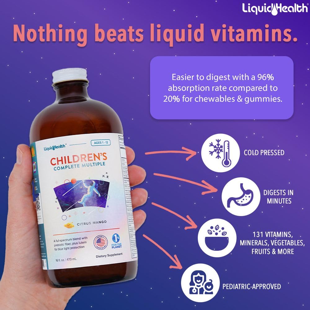 LIQUIDHEALTH Children's Complete Liquid Multivitamin for Kids, Toddlers - Essential Vitamins, Nutrients & Minerals, Immune Support, Gut Health - Great Taste, Vegan, Non GMO, Sugar-Free (16 oz)