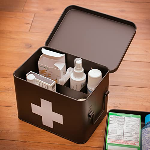AQ - Matte Black & White First Aid Box, First Aid Kit Tin with Compartments, Side Handle & Minimalist Design, Portable First Aid Tin for Your Car, Camping, Office, Clinics, Keep Supplies Organized