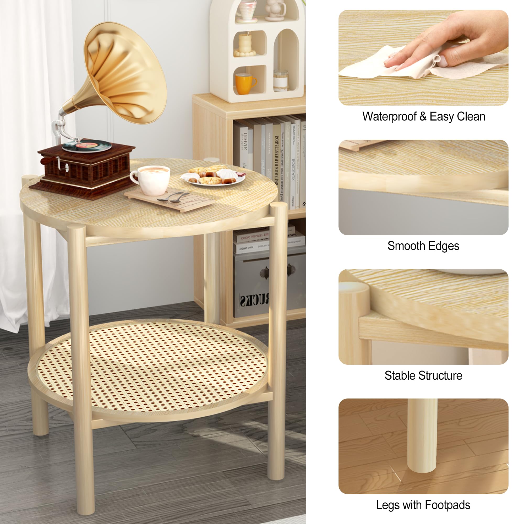 AWQM 2-Tier Round Side Table, Rattan End Table Nightstand with Solid Wood Feet,Boho Bedside Tables Accent Small Coffee Table for Bedroom, Living Room,Natural,1pcs