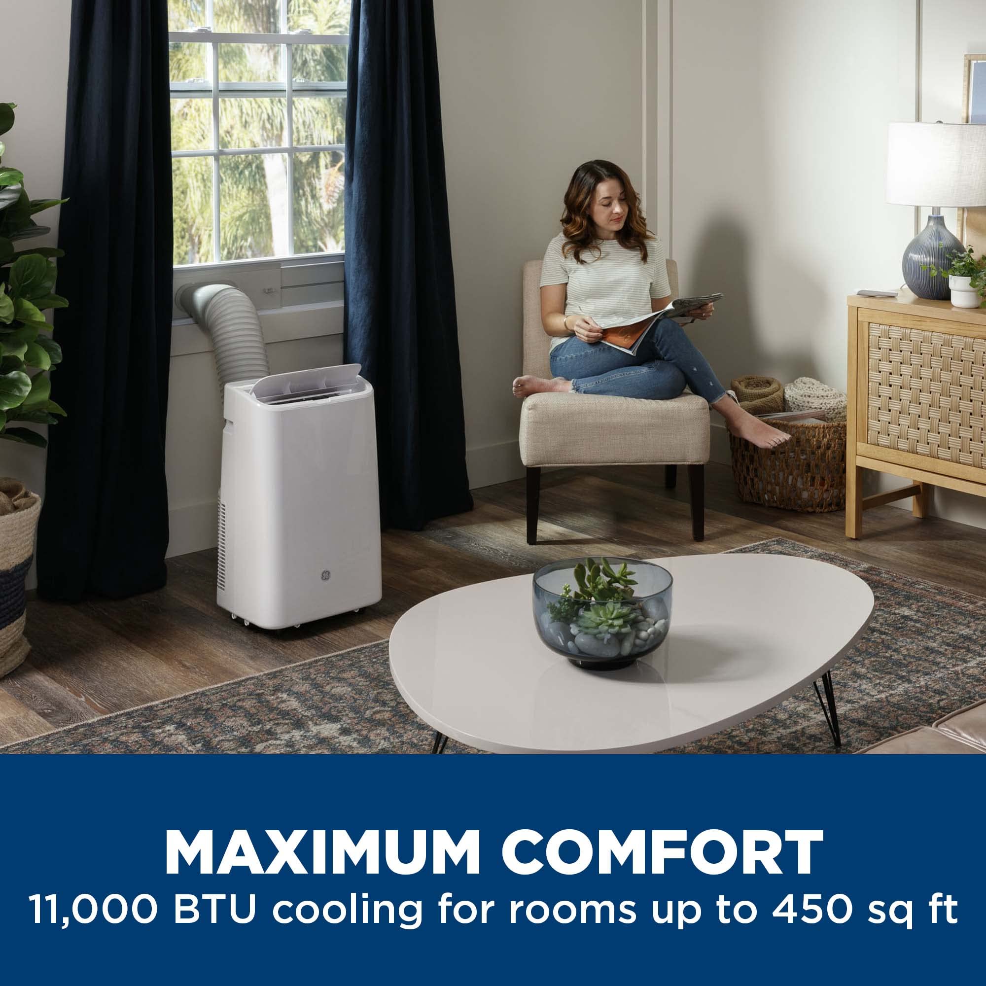GE 11,000 BTU Portable Air Conditioner for Medium Rooms up to 450 sq ft. (7,800 BTU SACC), 3-in-1 with Dehumidify, Fan and Auto Evaporation, Included Window Installation Kit