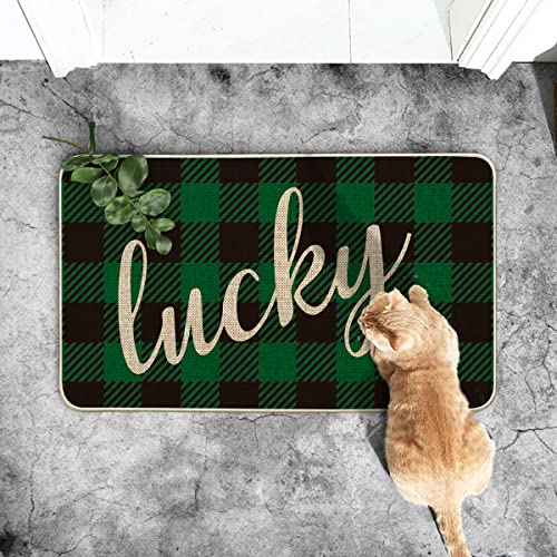 Artoid Mode Buffalo Plaid Lucky Clover Shamrock Decorative Doormat, Seasonal Spring St. Patrick's Day Holiday Low-Profile Floor Mat Switch Mat for Indoor Outdoor 17 x 29 Inch