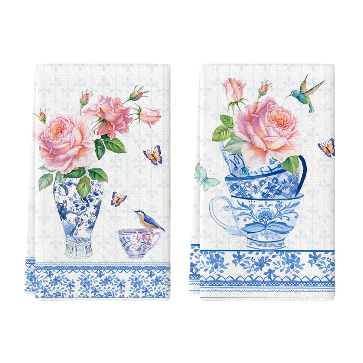 Artoid Mode Vase Roses Cup Butterflies Royal Blue Porcelain Kitchen Towels Dish Towels, 18x26 Inch Flowers Vintage Decoration Hand Towels Set of 2